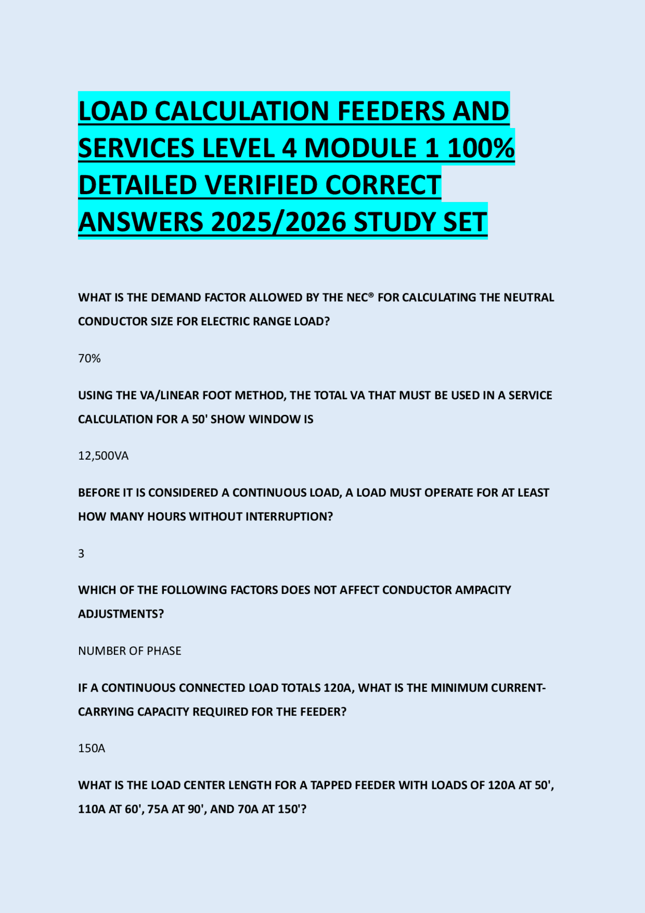 LOAD CALCULATION FEEDERS AND SERVICES LEVEL 4 MODULE 1 100% DETAILED ...