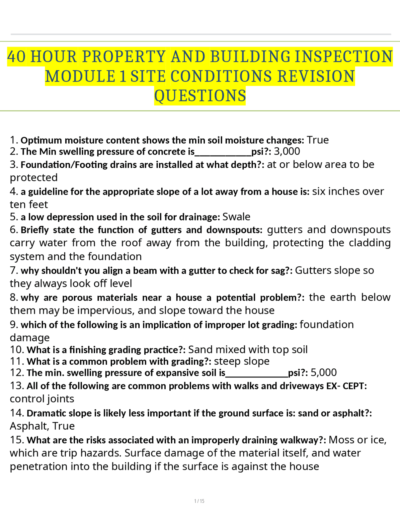 40 HOUR PROPERTY AND BUILDING INSPECTION MODULE 1 SITE CONDITIONS ...