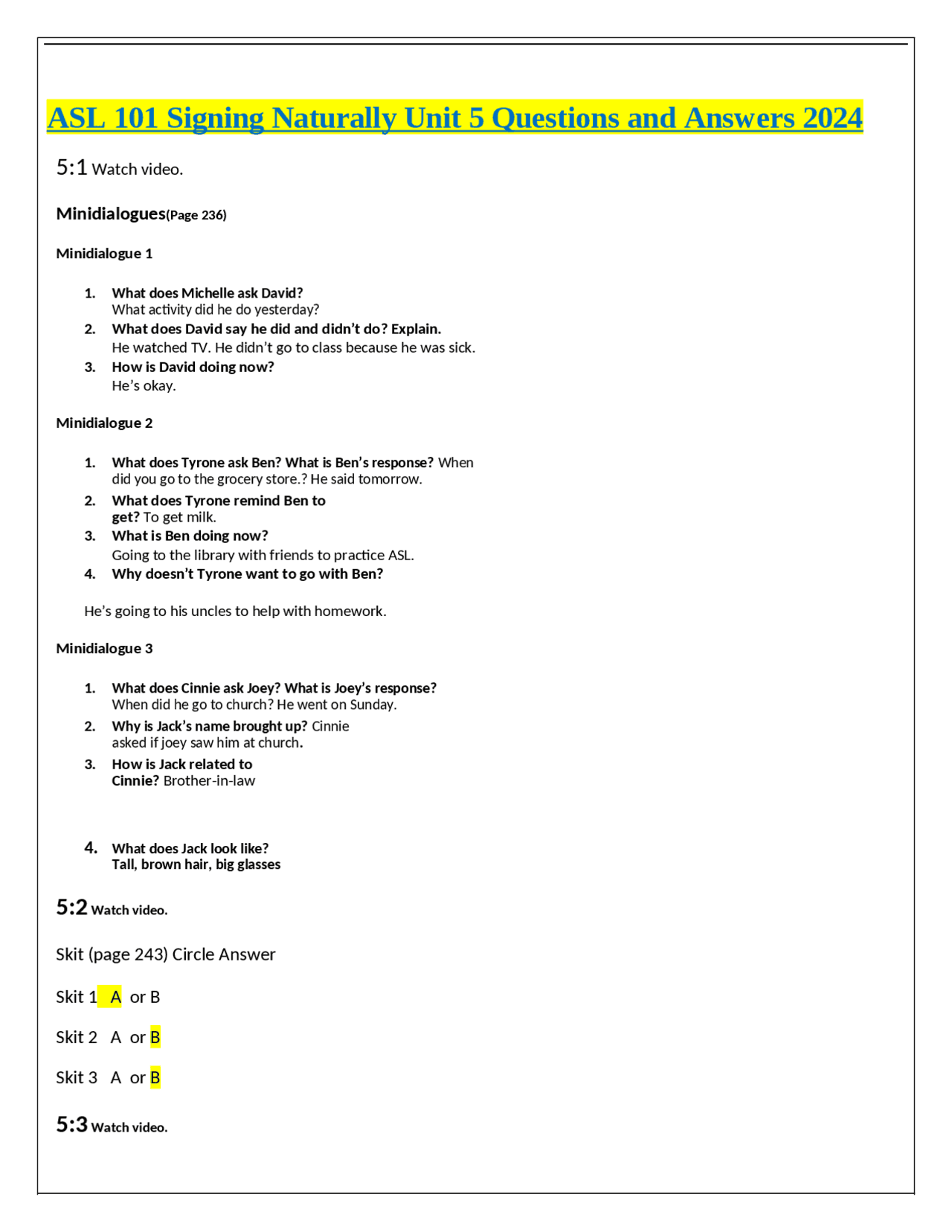ASL 101 Signing Naturally Unit 5 Questions and Answers | Exams Nursing ...