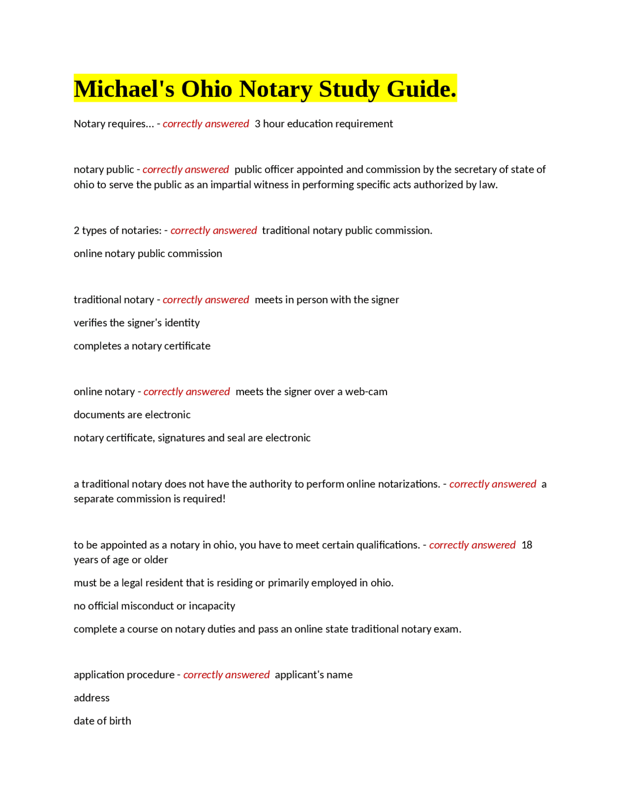 Michael's Ohio Notary Study Guide. | Exams Science education | Docsity