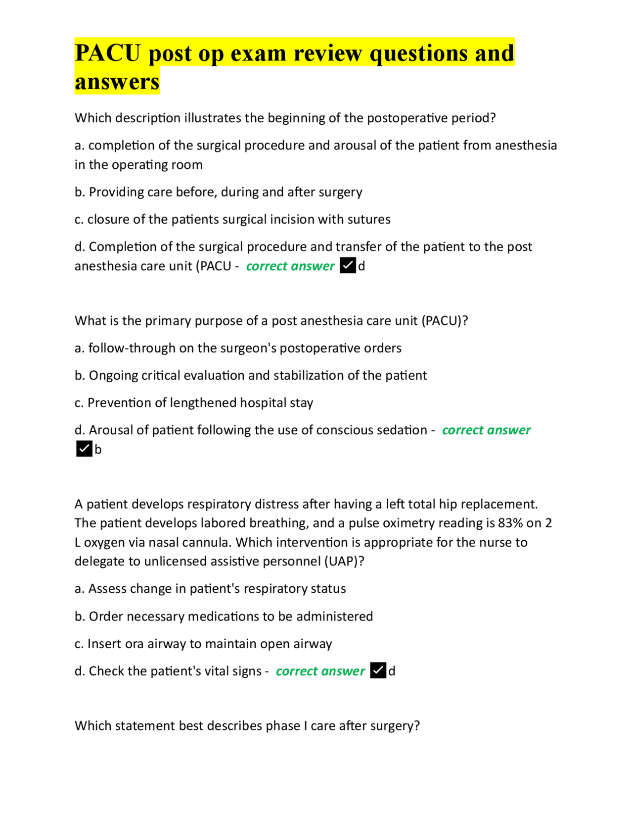 PACU post op exam review questions and answers. | Exercises Nursing | Docsity