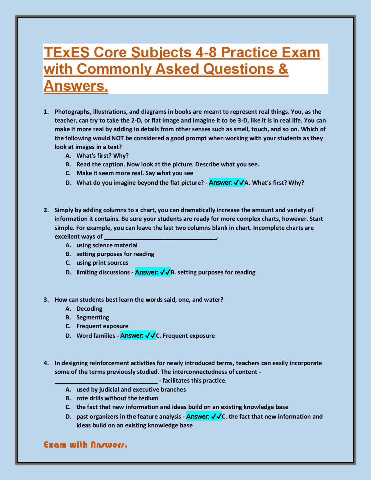 TExES Core Subjects 4-8 Practice Exam with Commonly Asked Questions ...