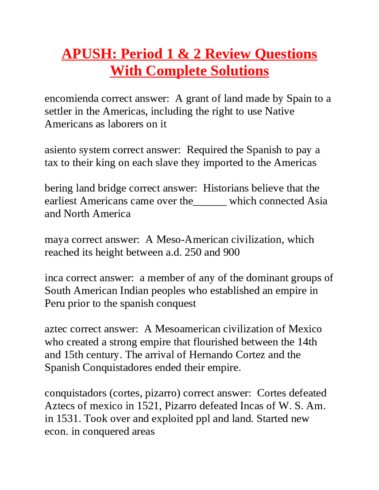 APUSH: Period 1 & 2 Review Questions with Complete Solutions | Exams ...