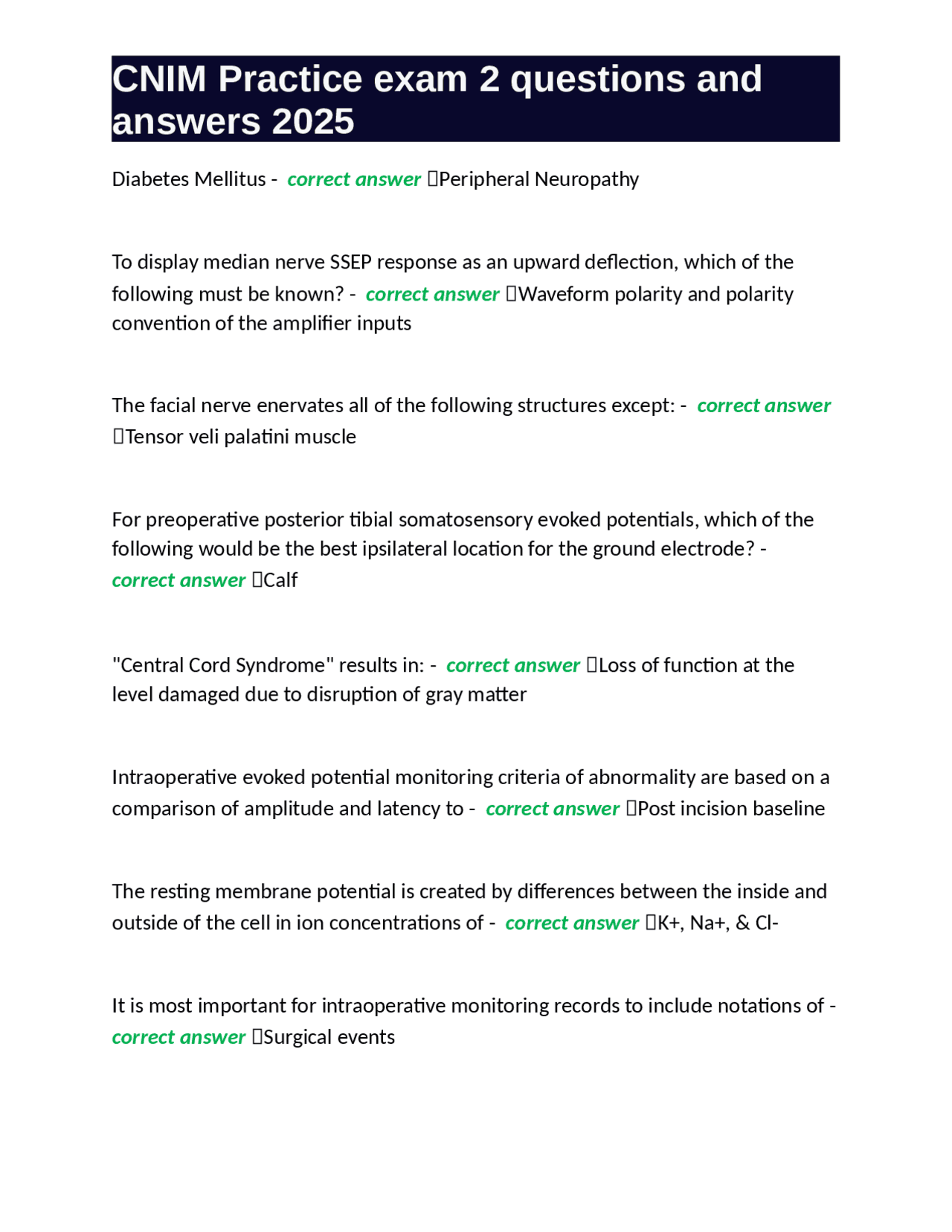 CNIM Practice Exam 2: Questions and Answers | Exercises Nursing | Docsity