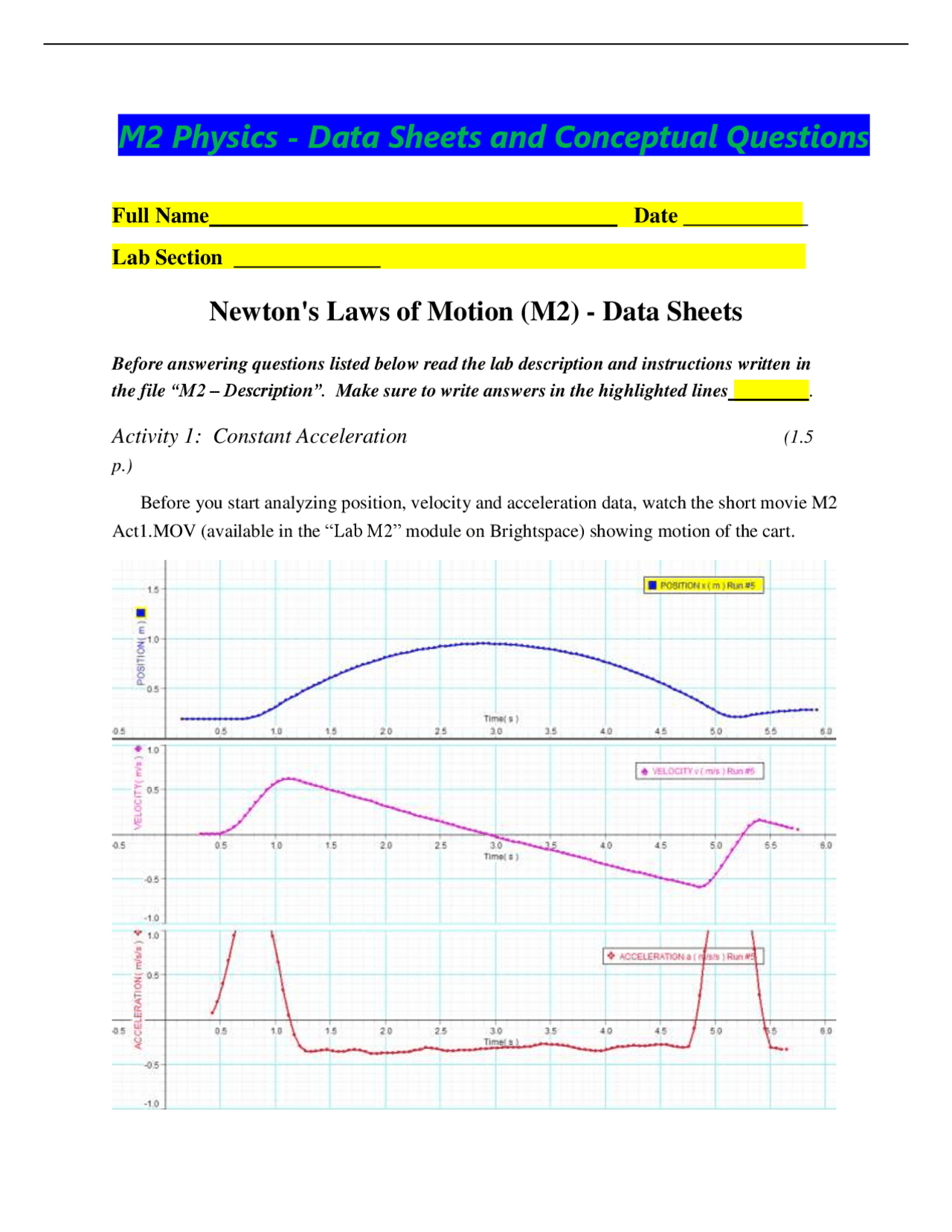 Newton's Laws of Motion Lab: Data Sheets and Conceptual Questions ...