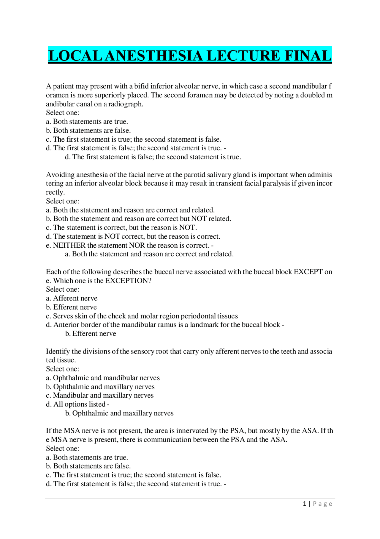LOCAL ANESTHESIA LECTURE FINAL | Exams Nursing | Docsity