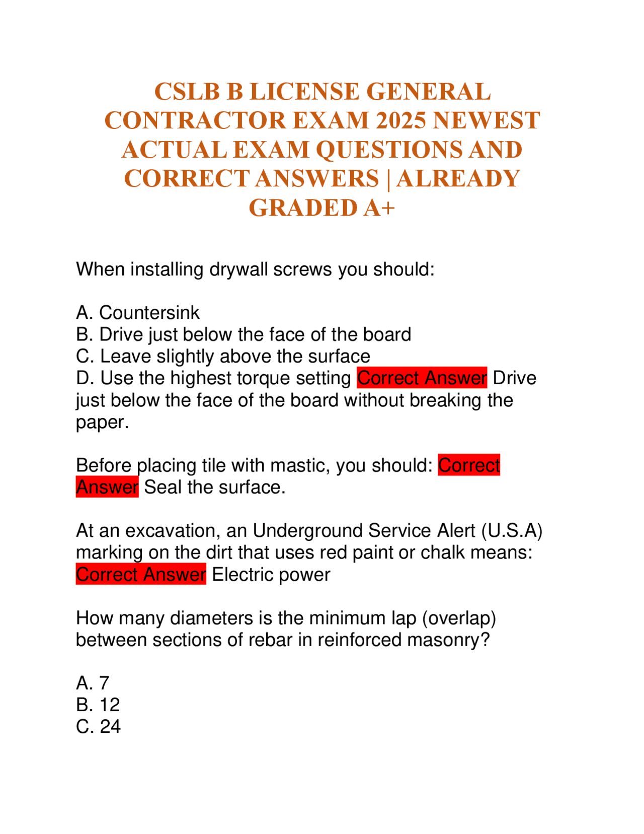 CSLB B License General Contractor Exam 2025: Practice Questions and ...