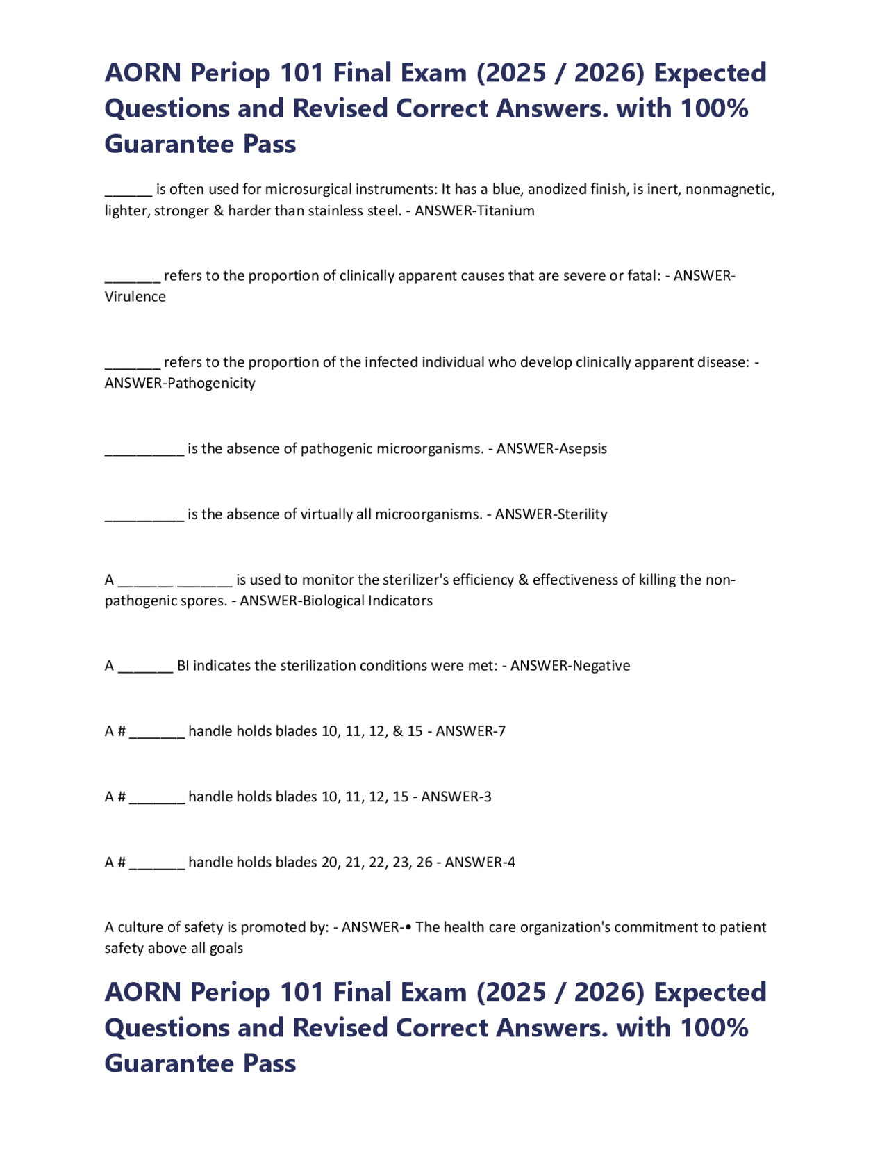 AORN Periop 101 Final Exam (2025 / 2026) Expected Questions and Revised ...
