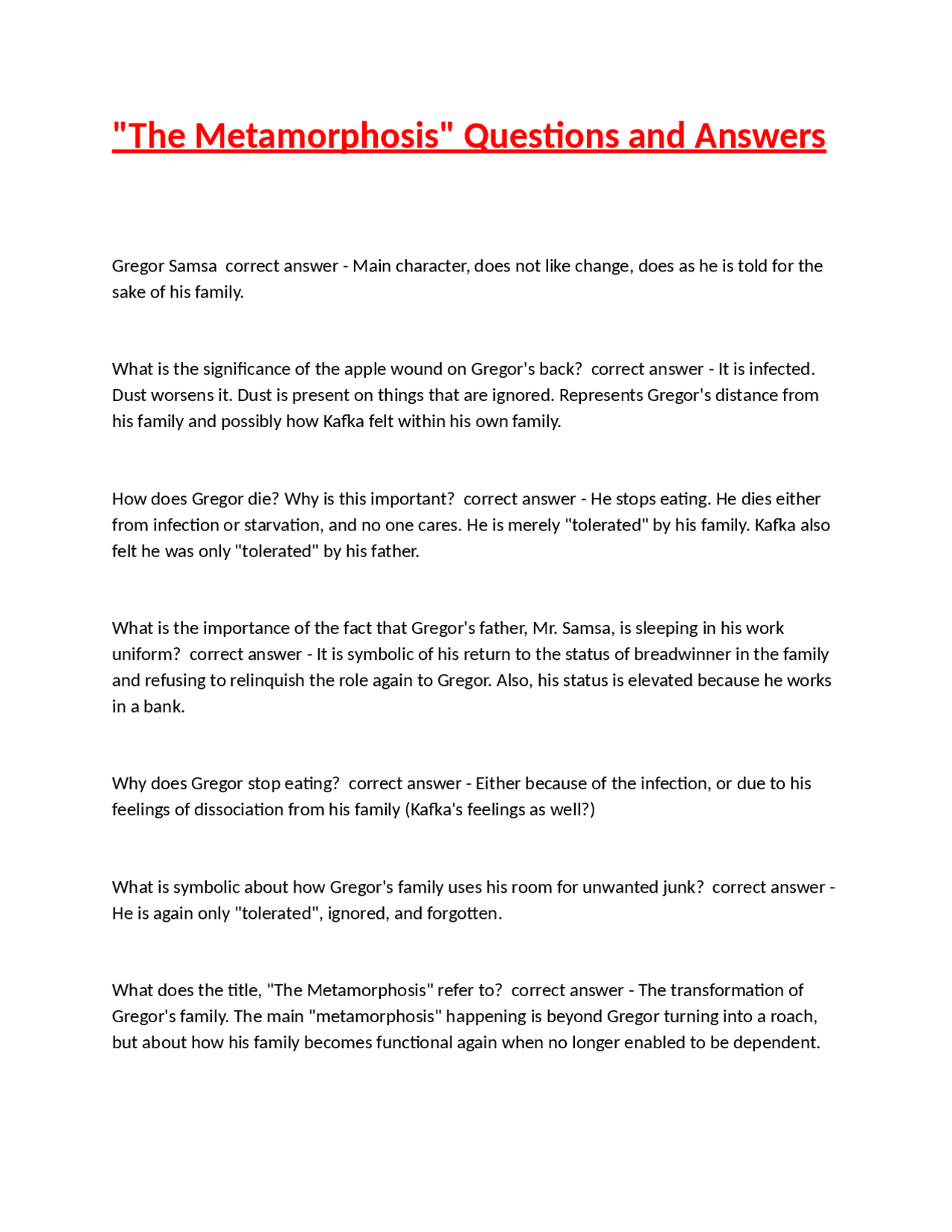 The Metamorphosis: Questions and Answers for University and High School ...