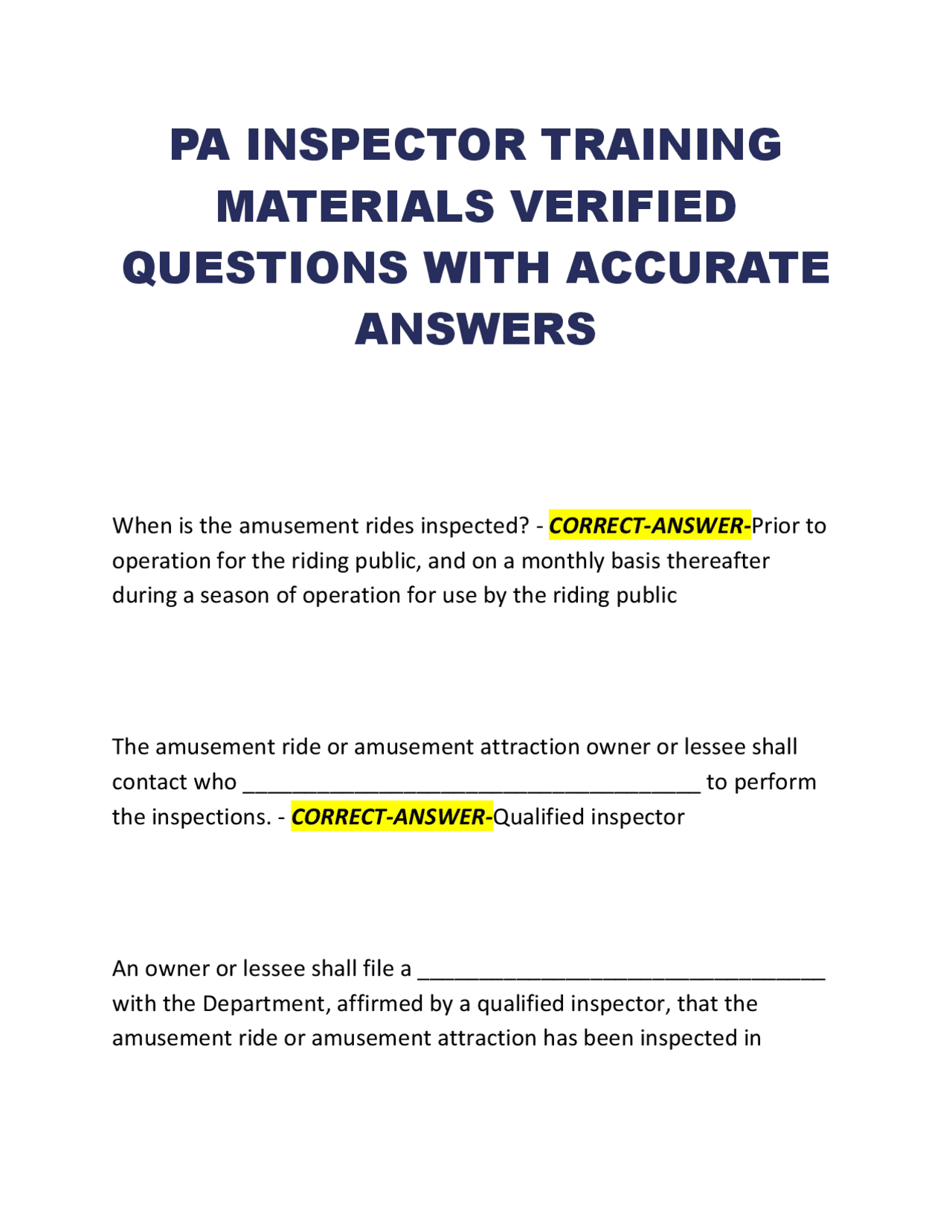 PA INSPECTOR TRAINING MATERIALS VERIFIED QUESTIONS WITH ACCURATE ...