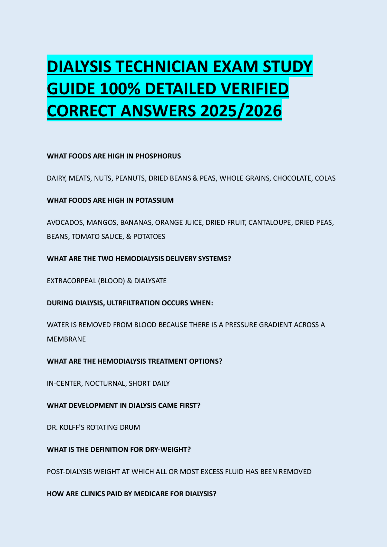 DIALYSIS TECHNICIAN EXAM STUDY GUIDE 100% DETAILED VERIFIED CORRECT ...