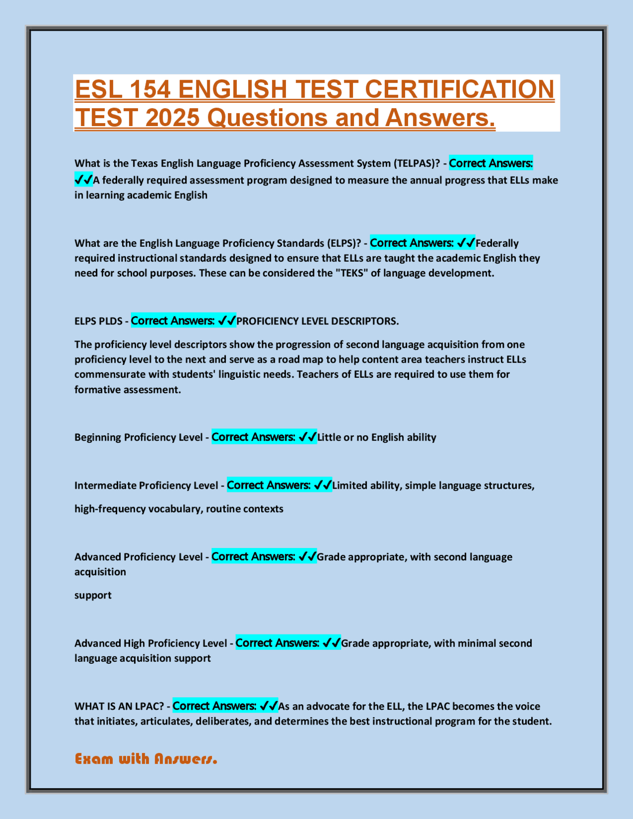 ESL 154 English Test Certification: TELPAS, ELPS, and Language ...