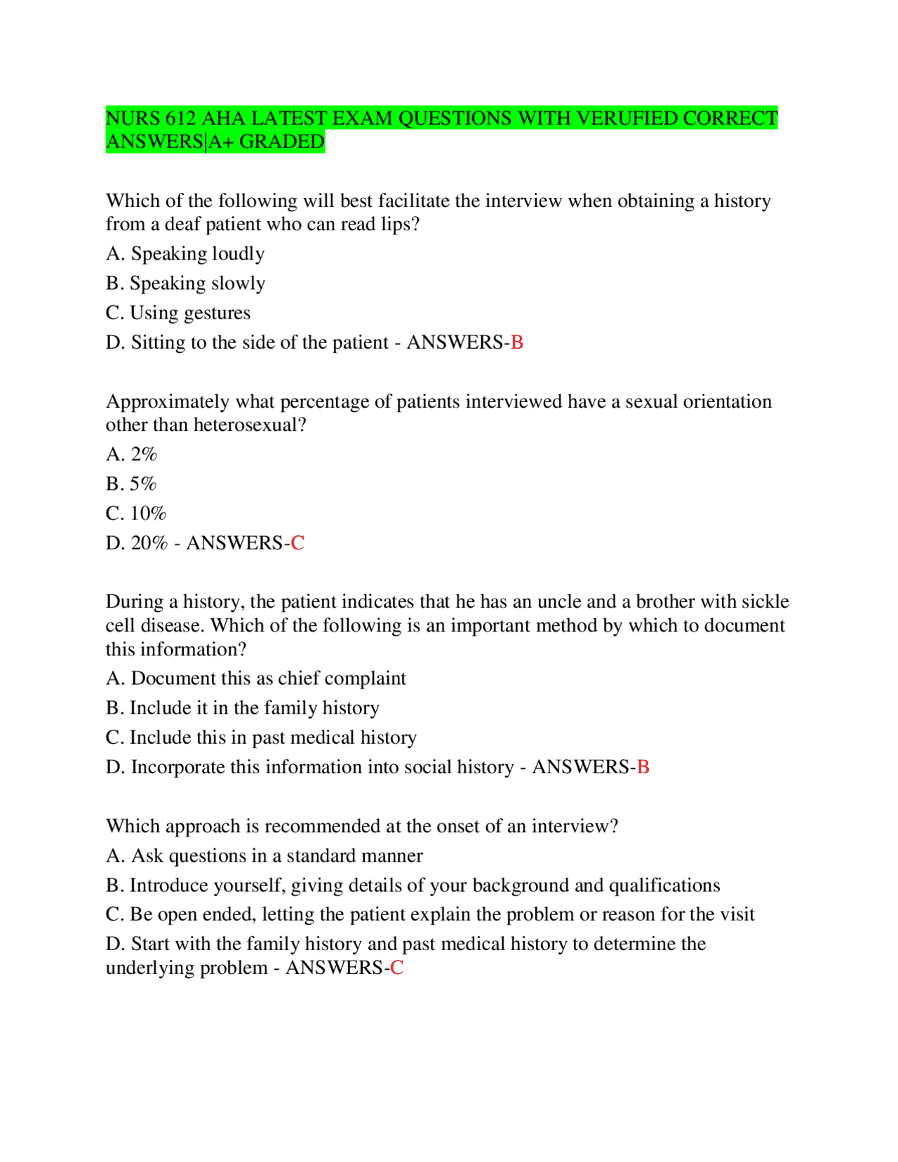 NURS 612 AHA Latest Exam Questions with Verified Correct Answers ...