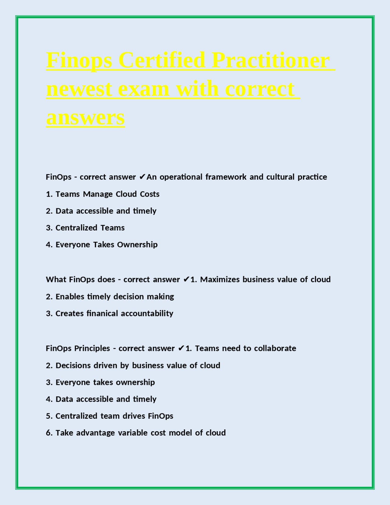 Finops Certified Practitioner newest exam with correct answers | Exams ...