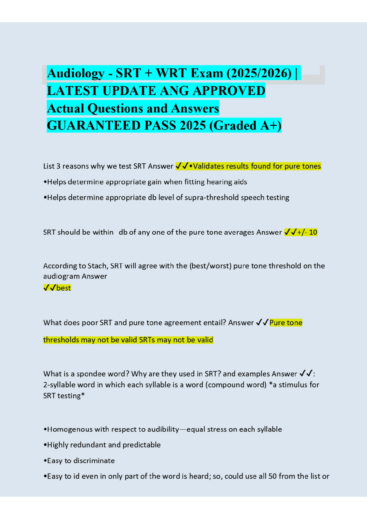 Audiology - SRT + WRT Exam (2025/2026) | LATEST UPDATE ANG APPROVED ...