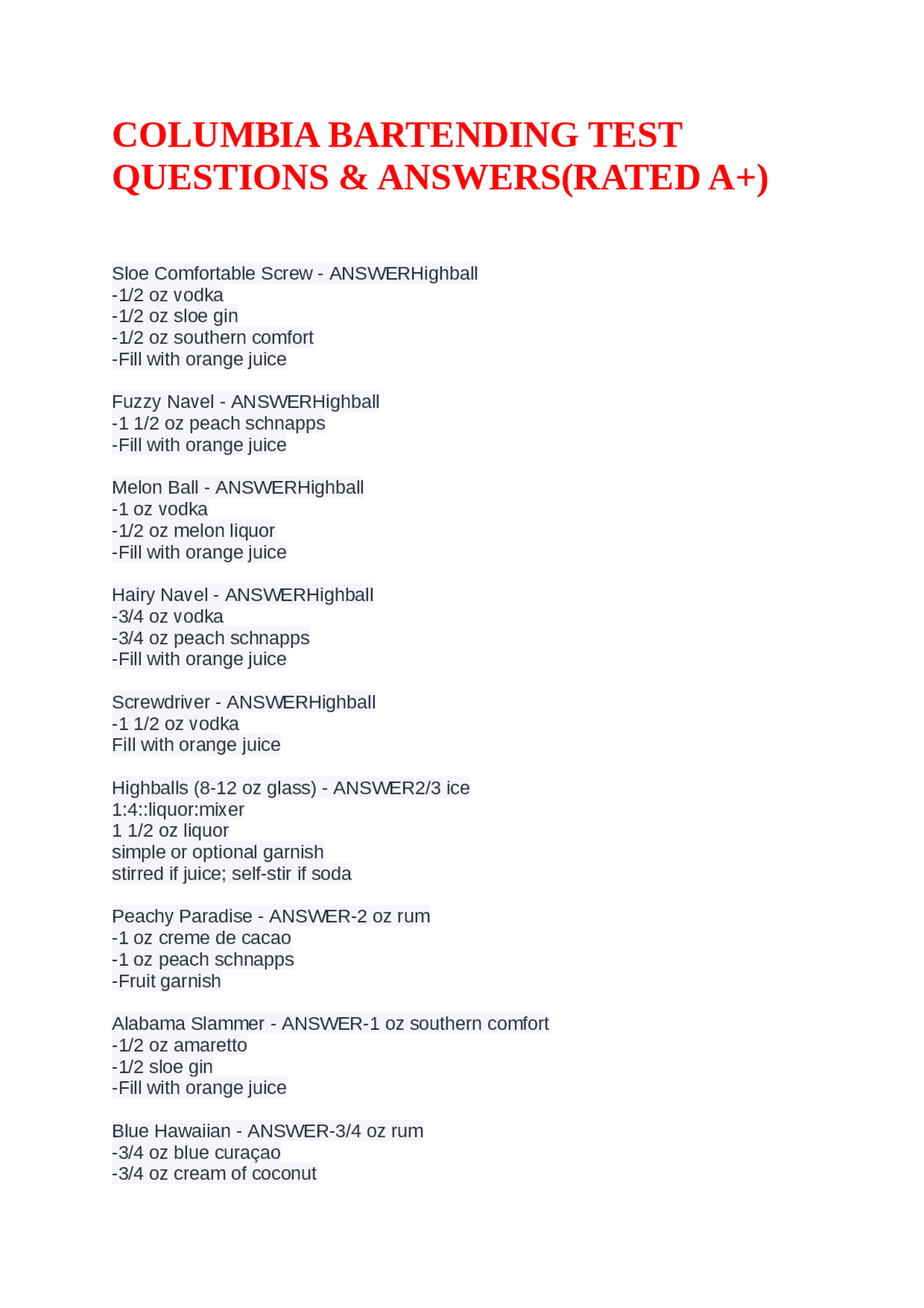 COLUMBIA BARTENDING TEST QUESTIONS & ANSWERS(RATED A+) | Exams Advanced ...