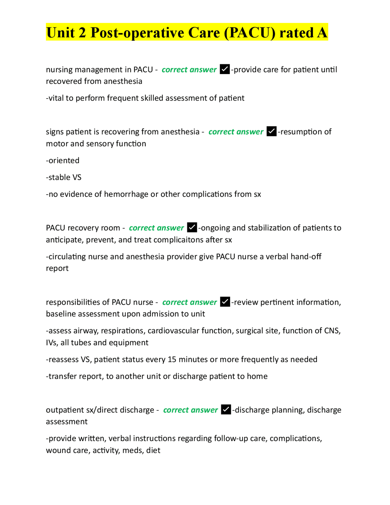 Unit 2 Post-operative Care (PACU) rated A. | Exercises Nursing | Docsity