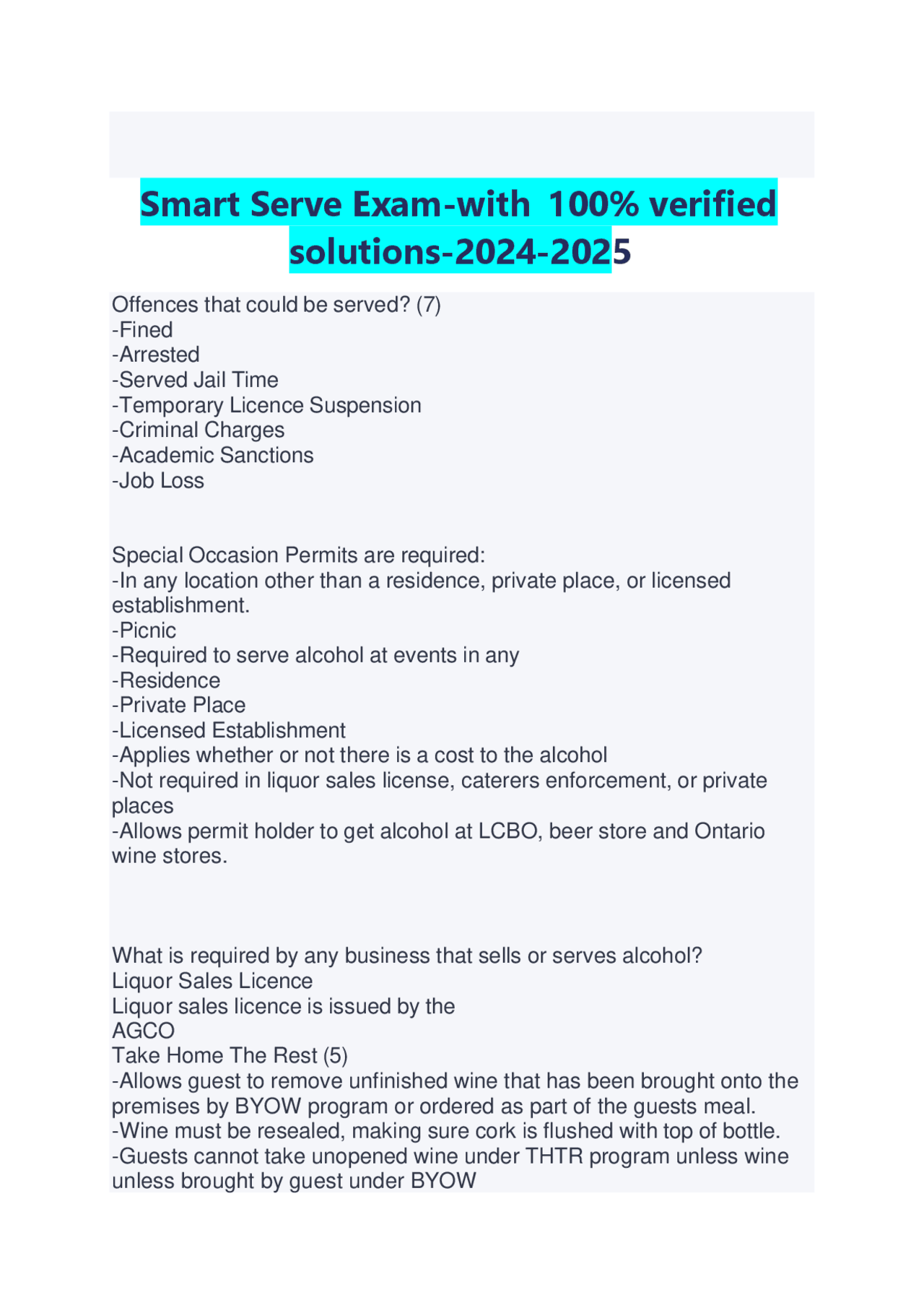 Smart Serve Exam-with 100% verified solutions-2024-2025 Offences that could be served? ( | Exams ...