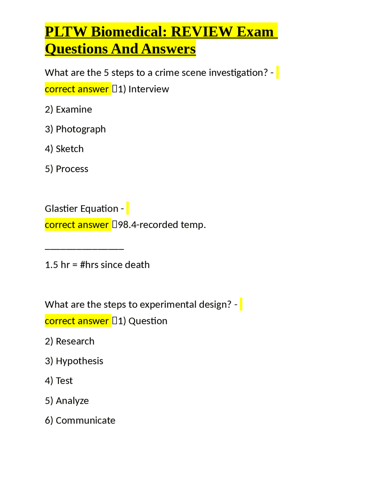 PLTW Biomedical Review Exam: Questions and Answers | Exams Biomedical Engineering | Docsity