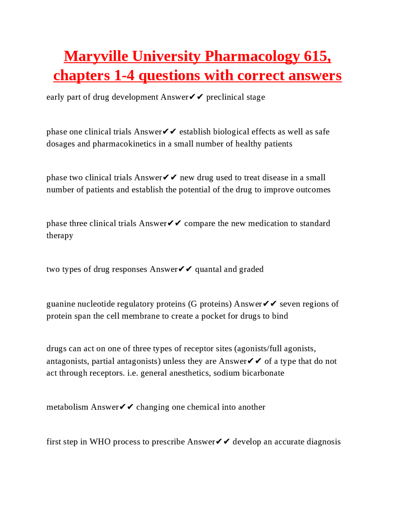 Maryville University Pharmacology 615, chapters 1-4 questions with correct answers | Exams ...