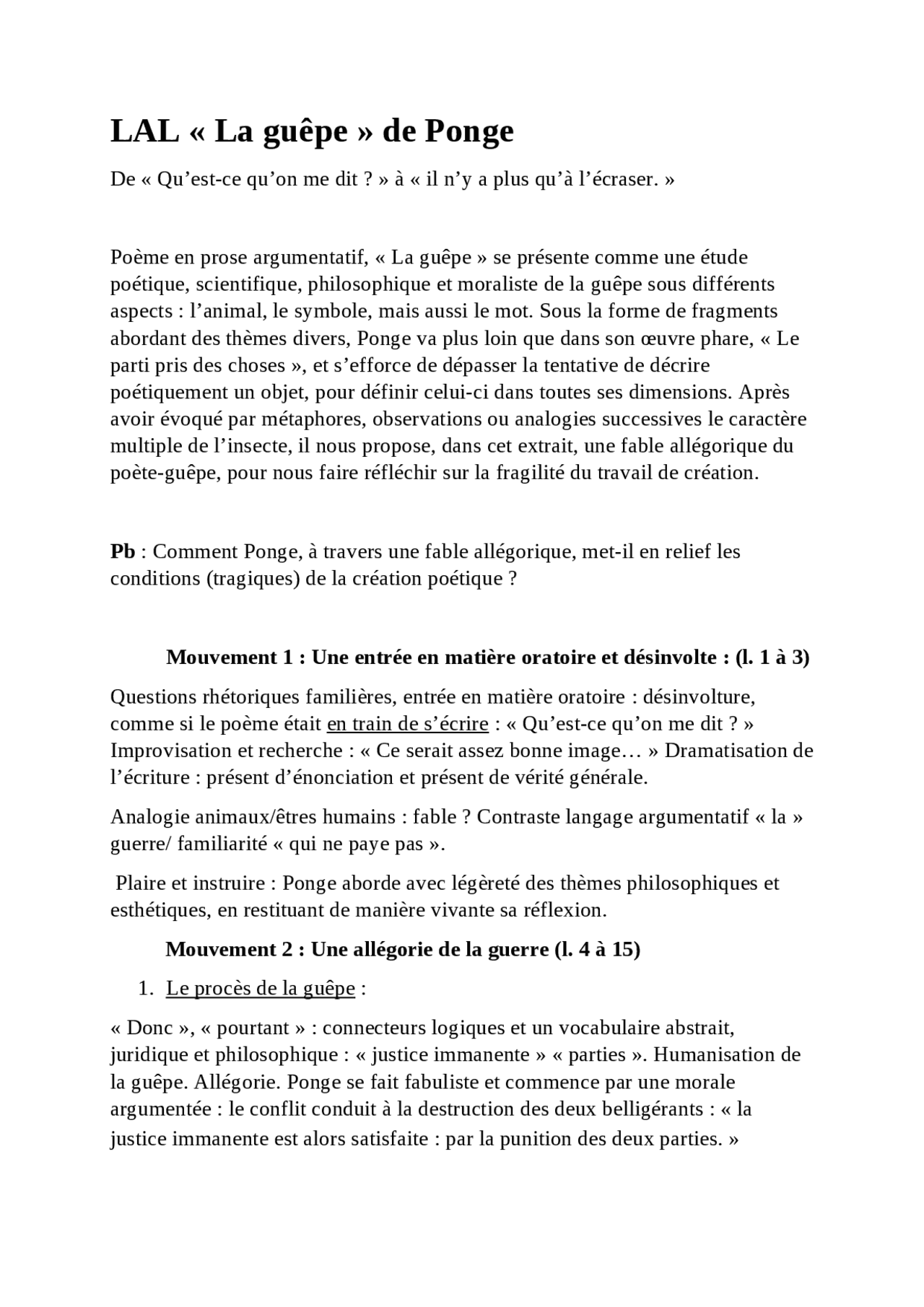 La guepe, un poeme en prose de Ponge | Summaries Law | Docsity