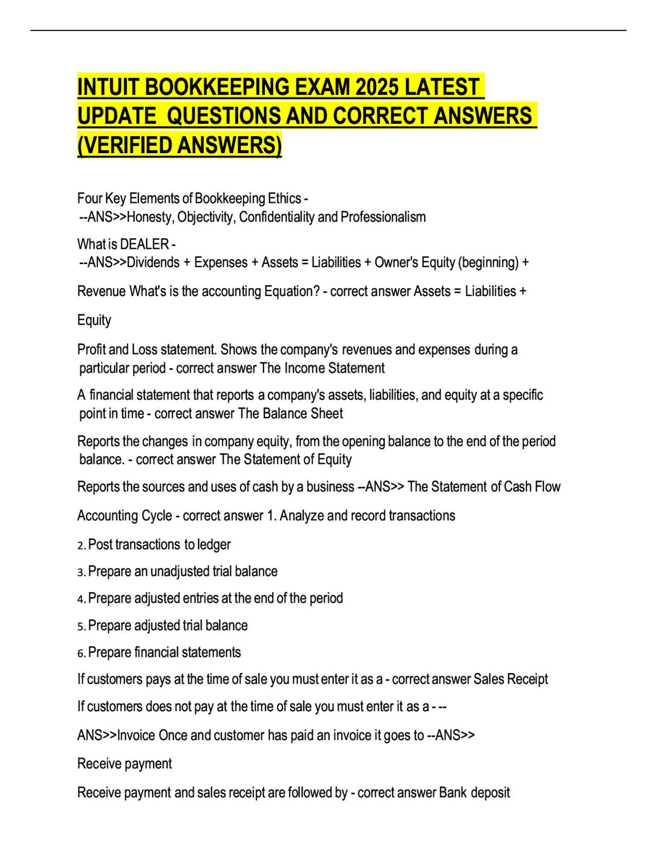 INTUIT BOOKKEEPING EXAM 2025 LATEST UPDATE QUESTIONS AND CORRECT ...