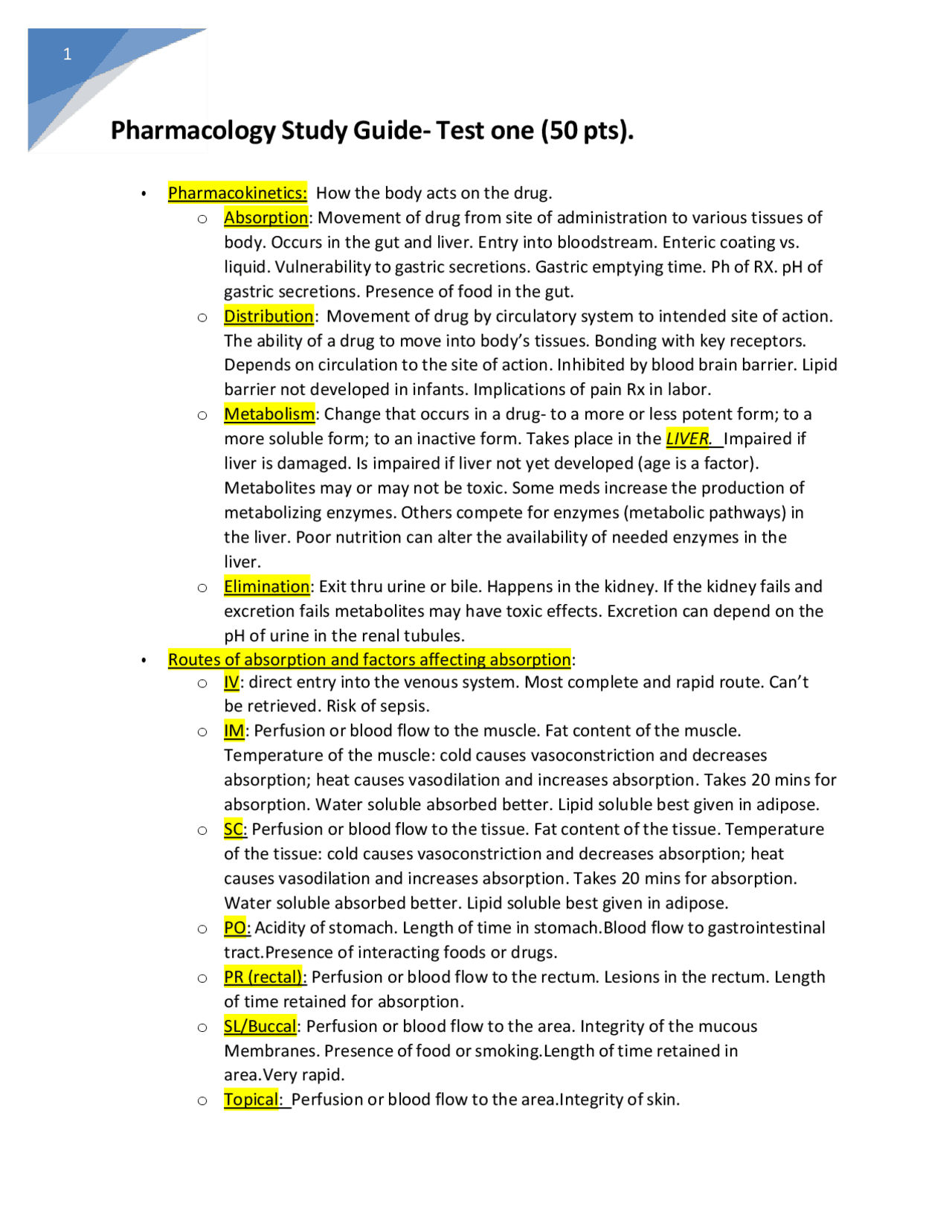 Pharmacology Study Guide: Test One - Pharmacokinetics & Drug Effects ...
