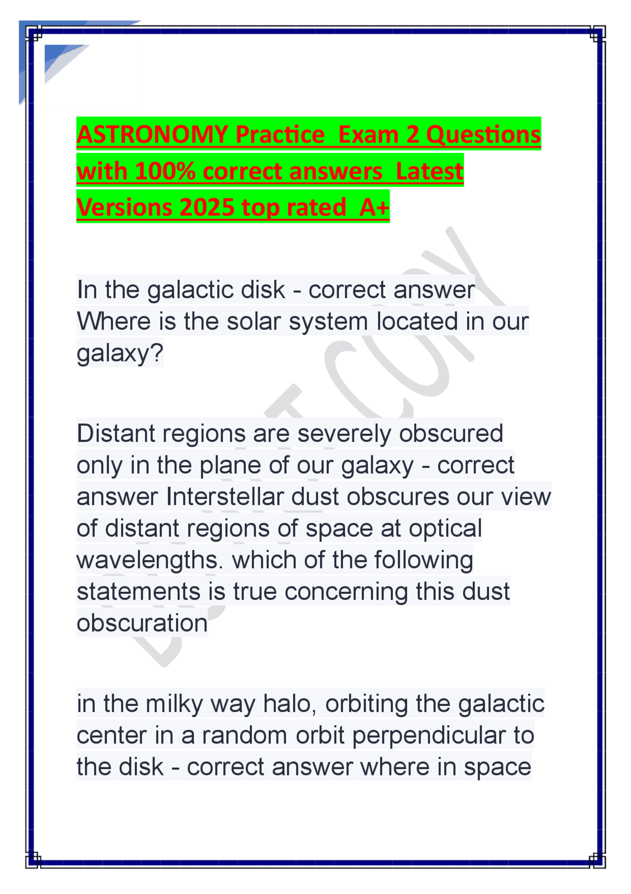 ASTRONOMY Practice Exam 2 Questions with 100% correct answers Latest ...