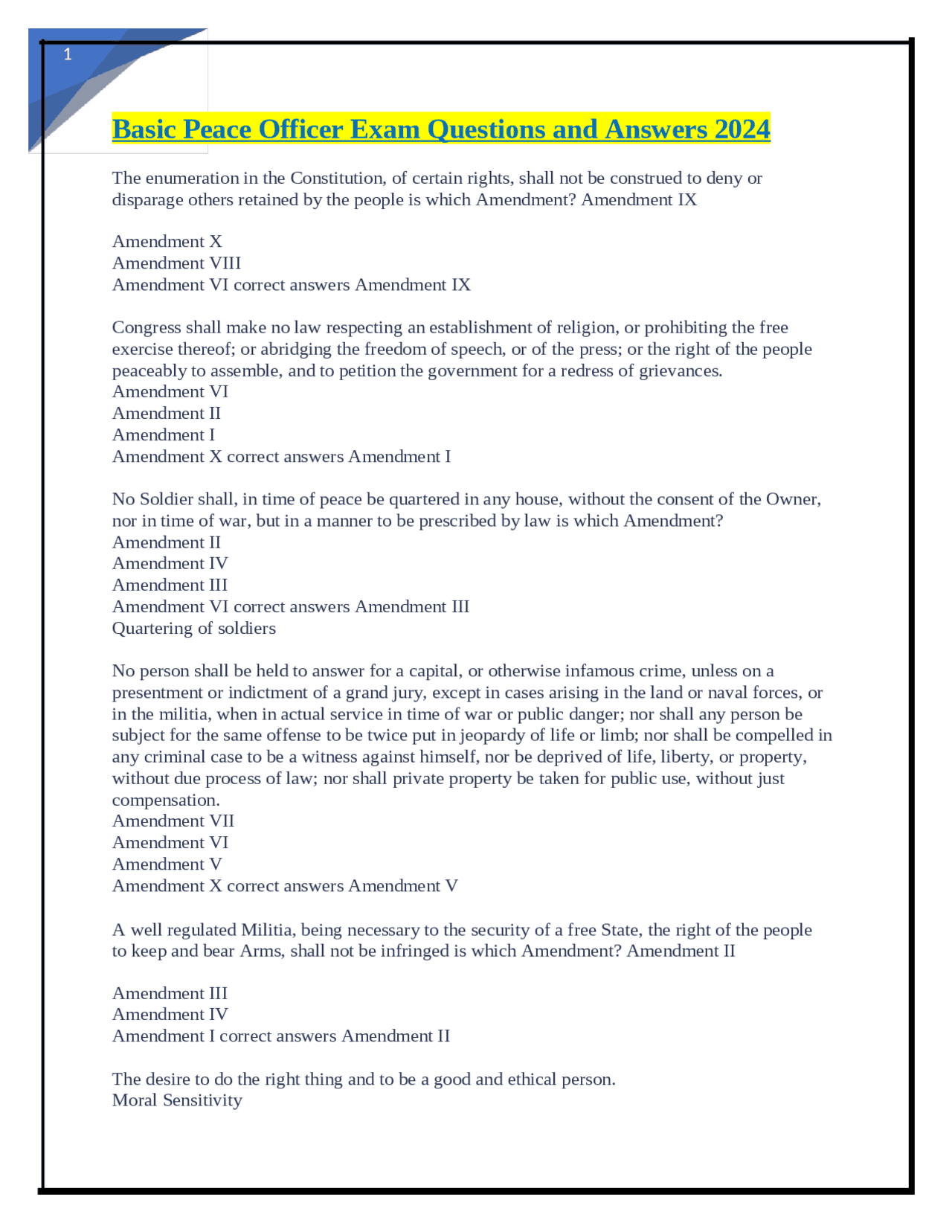 Basic Peace Officer Exam Questions and Answers | Exams Nursing | Docsity