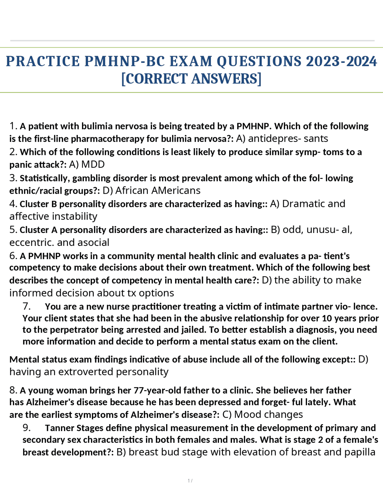 PRACTICE PMHNP-BC EXAM QUESTIONS 2023-2024 [CORRECT ANSWERS] | Exams ...