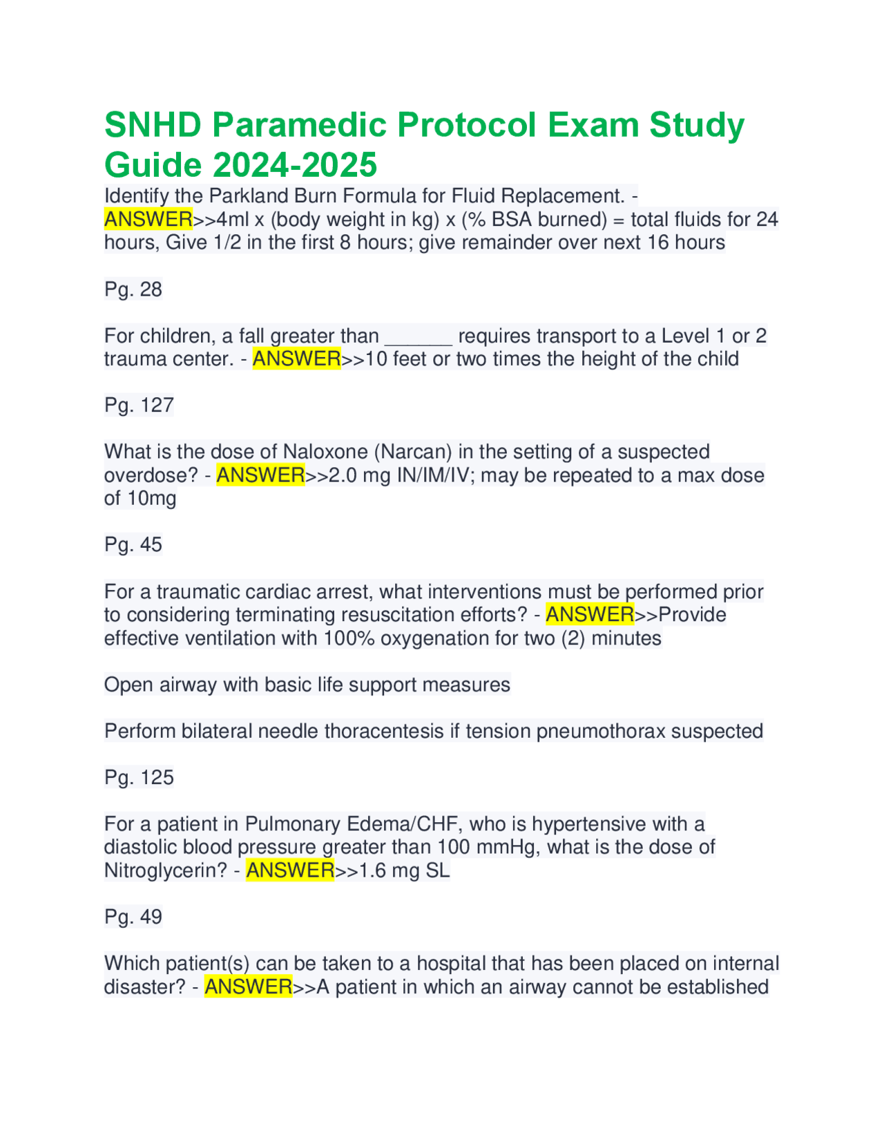 SNHD Paramedic Protocol Exam Study Guide 2024-2025 | Exams Nursing ...