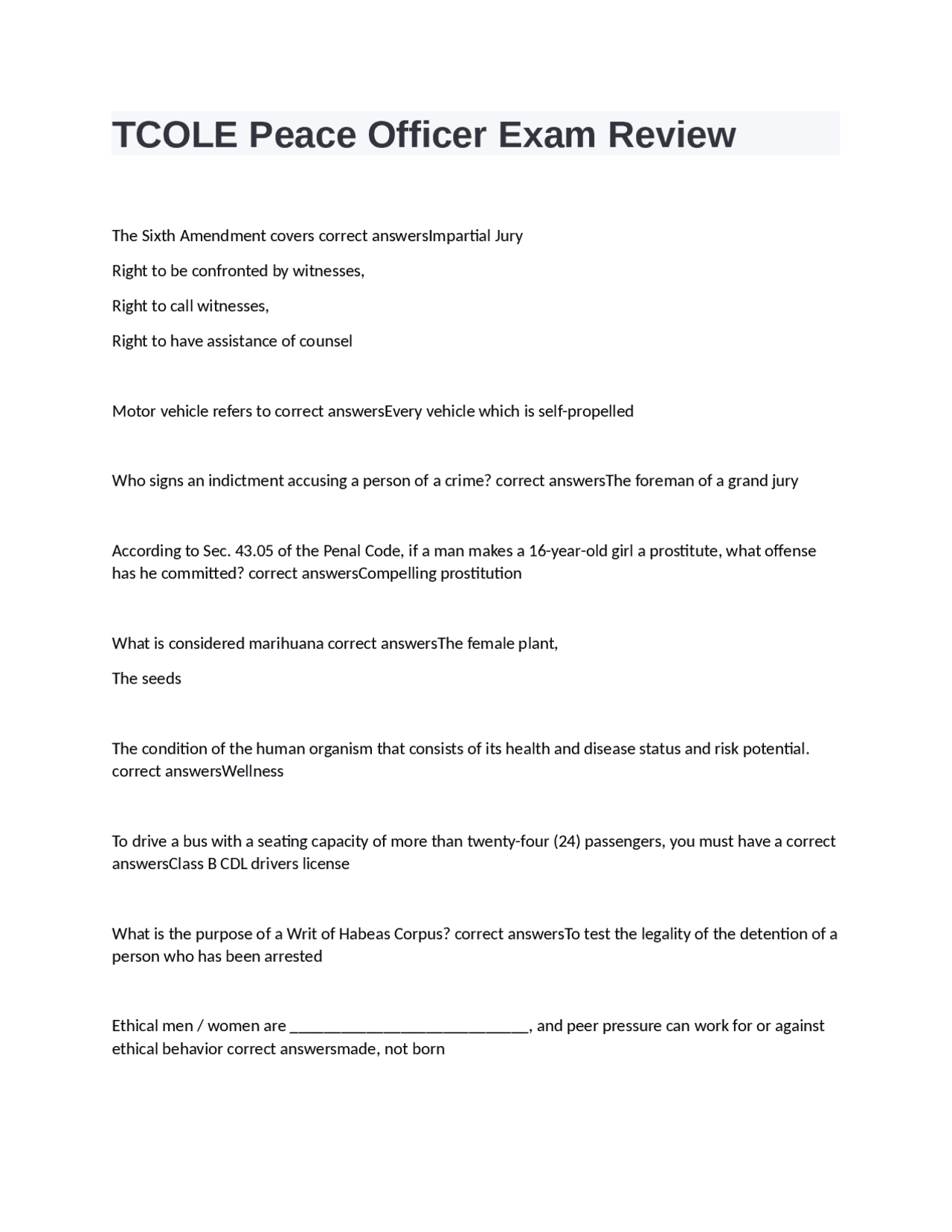TCOLE Peace Officer Exam Review: Questions and Answers | Exams Business ...