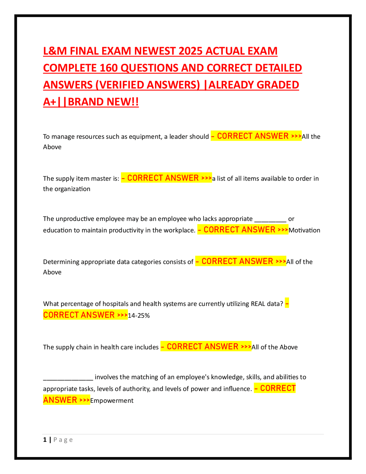 L&M FINAL EXAM NEWEST 2025 ACTUAL EXAM COMPLETE 160 QUESTIONS AND ...