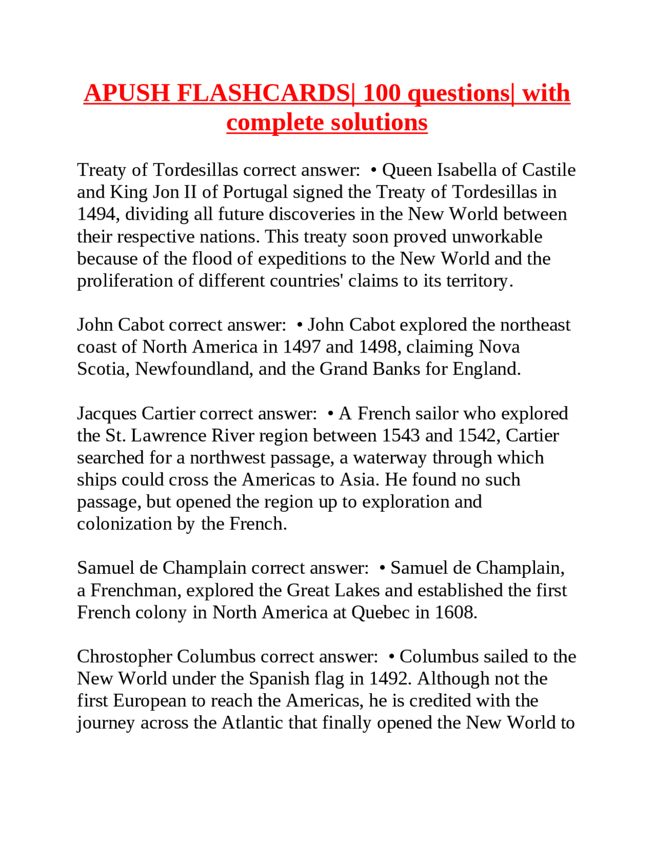 APUSH FLASHCARDS| 100 questions| with complete solutions | Exams ...