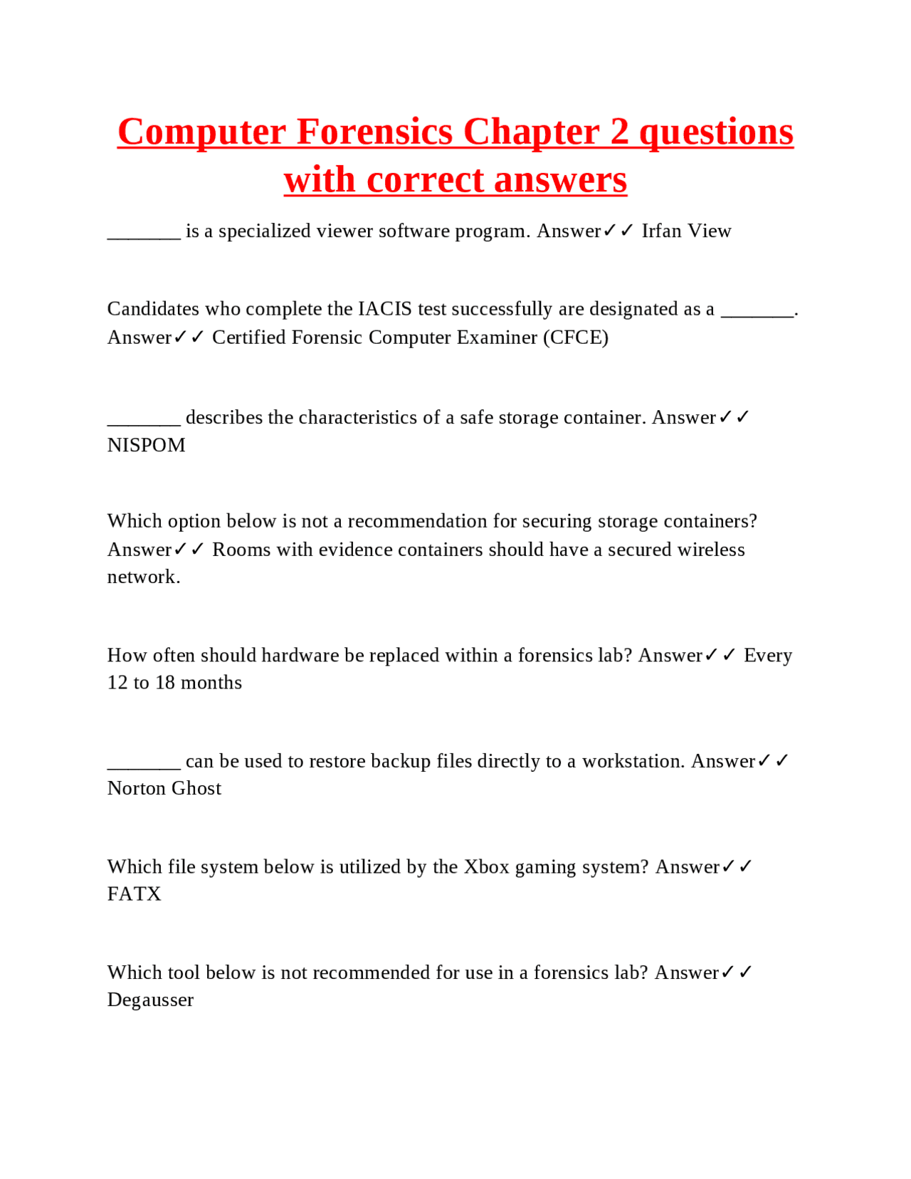 Computer Forensics Chapter 2 questions with correct answers | Exams Computer Science | Docsity