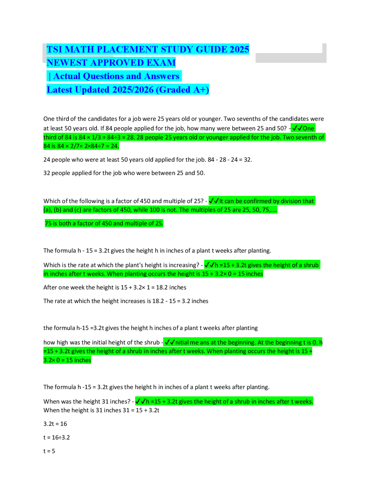 TSI MATH PLACEMENT STUDY GUIDE 2025 NEWEST APPROVED EXAM | Actual ...