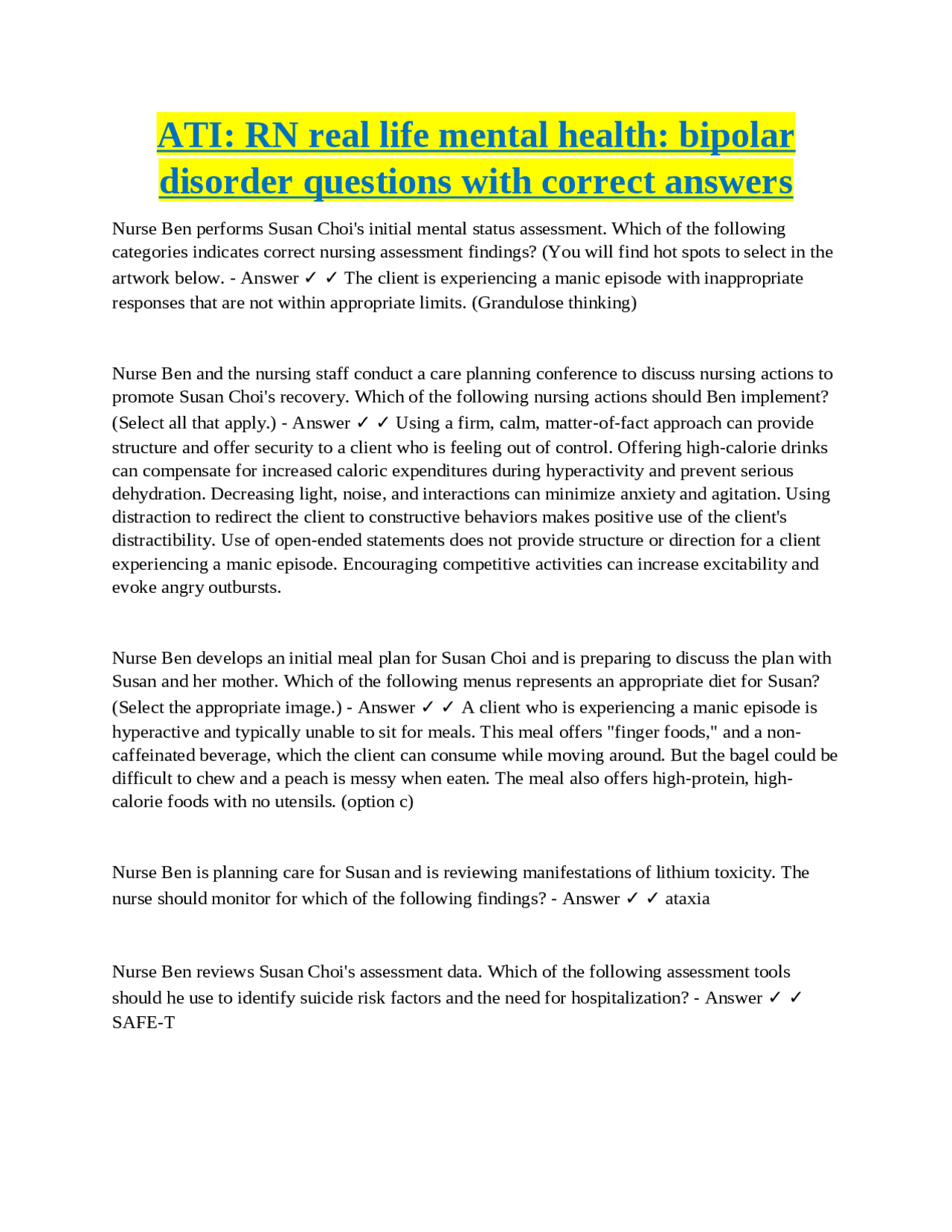 ATI: RN real life mental health: bipolar disorder questions with ...
