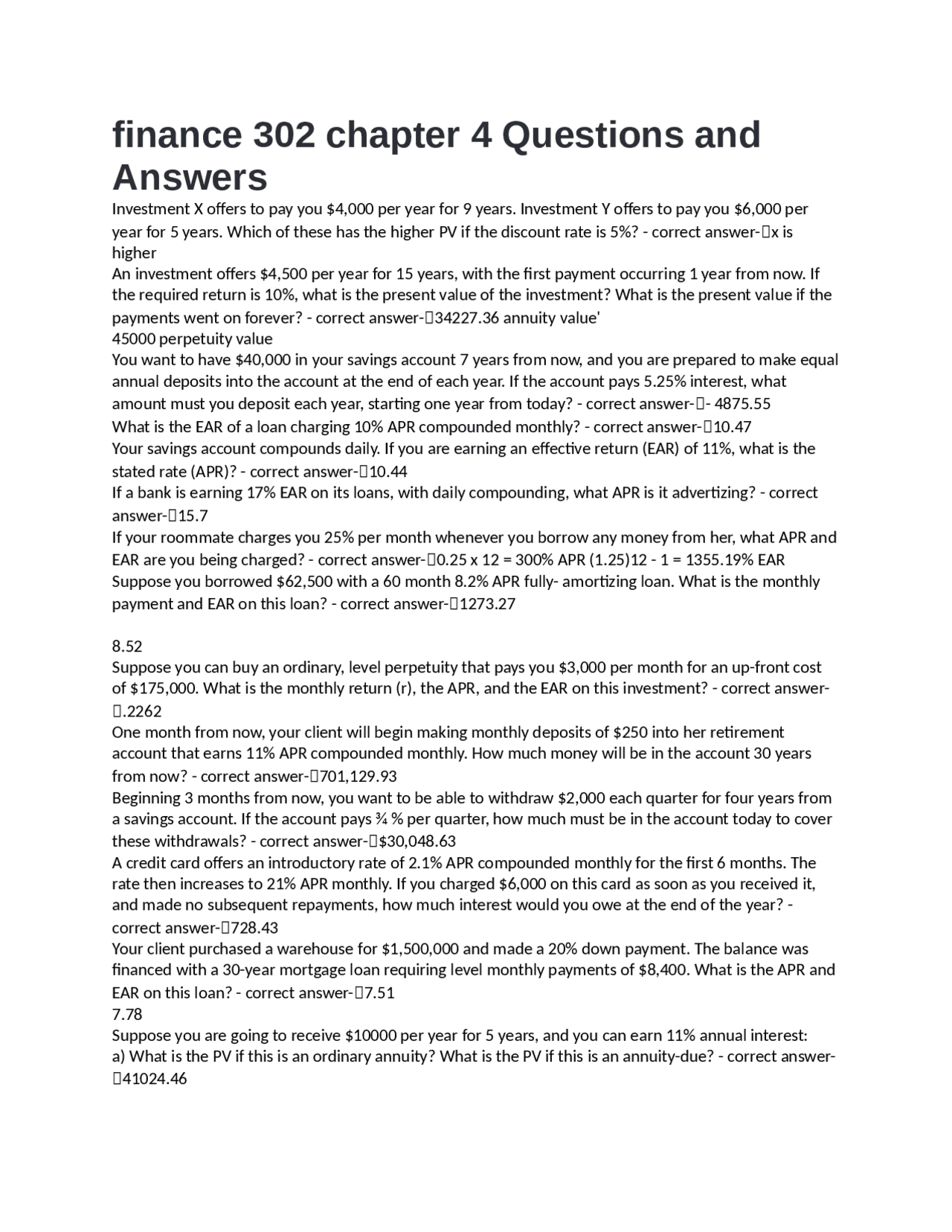 finance 302 chapter 4 Questions and Answers | Exams Finance | Docsity