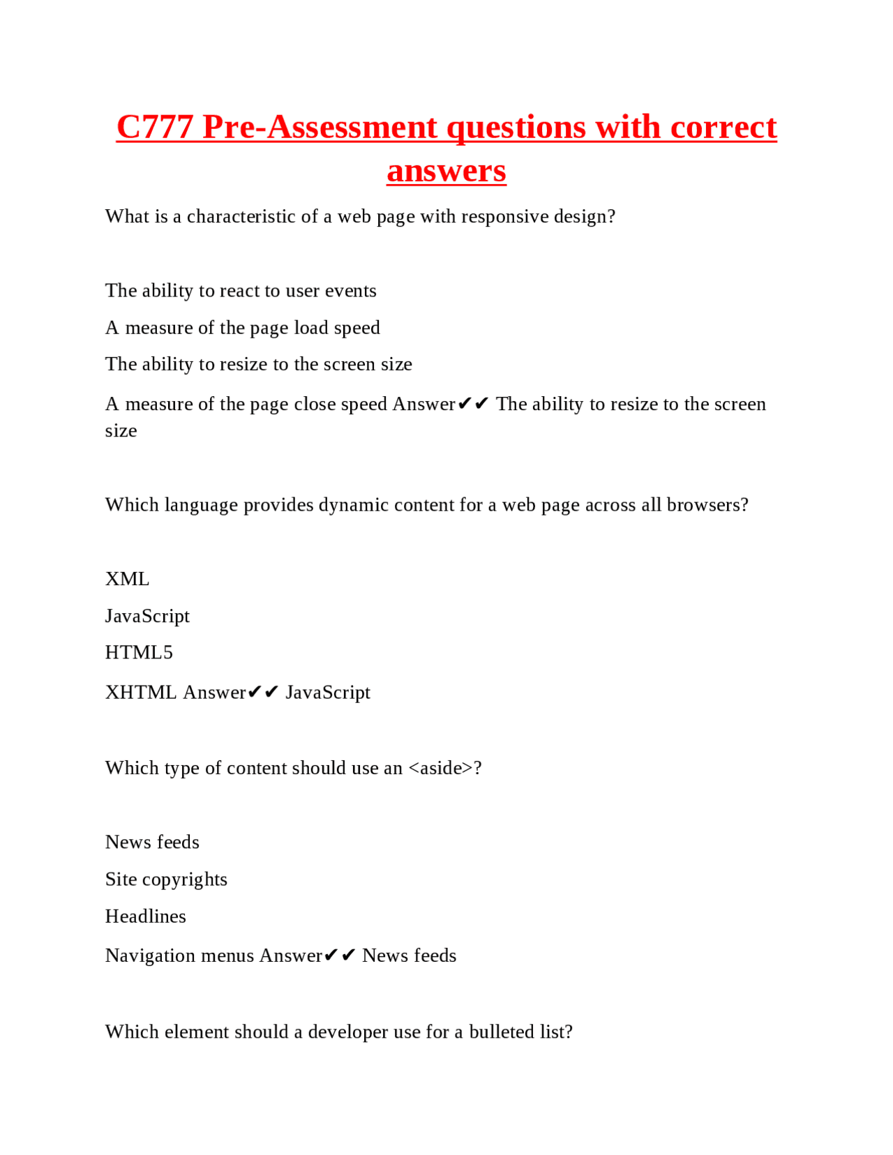 C777 Pre-Assessment questions with correct answers | Exams Web Design and Development | Docsity