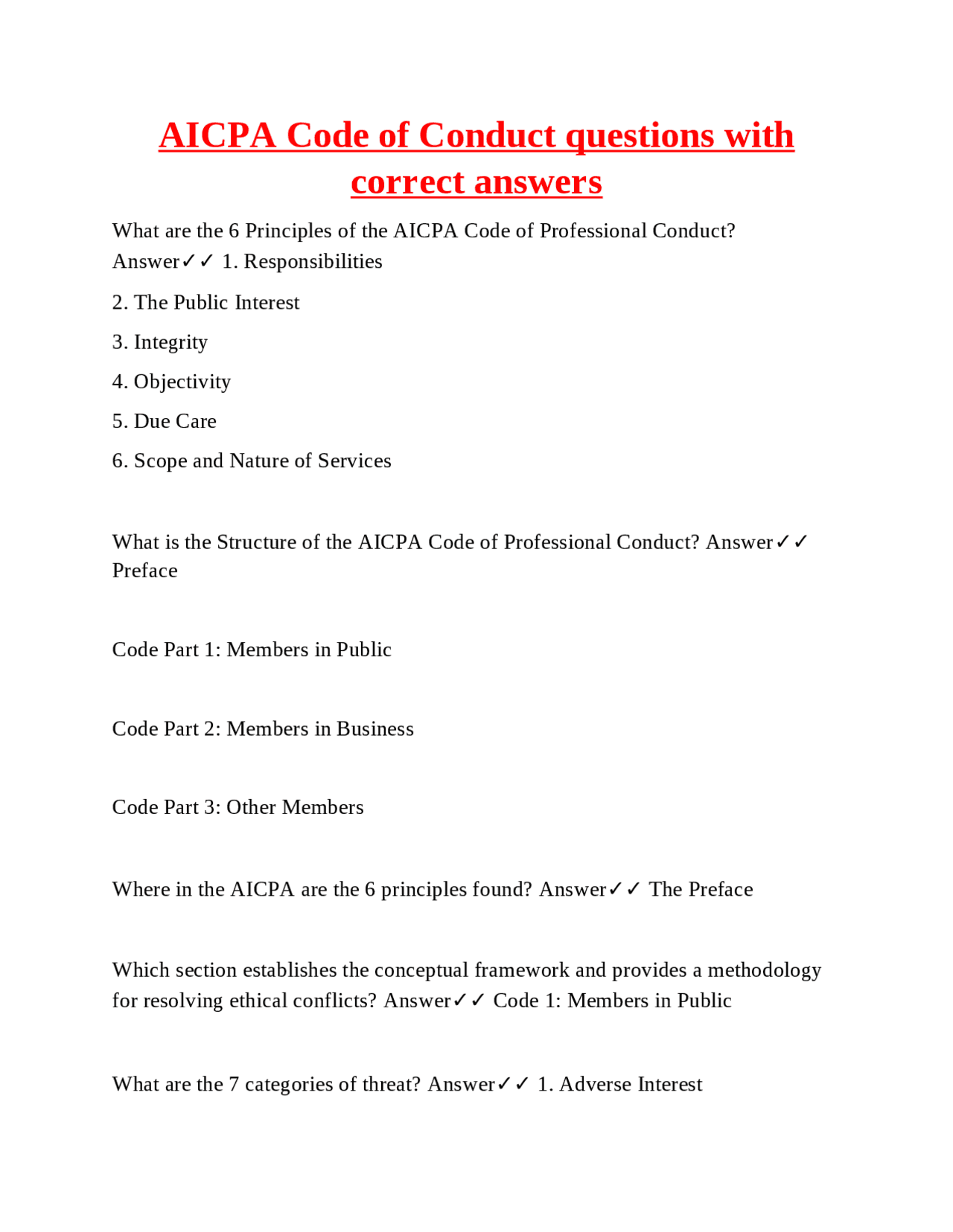 AICPA Code of Conduct questions with correct answers | Exams Advanced ...