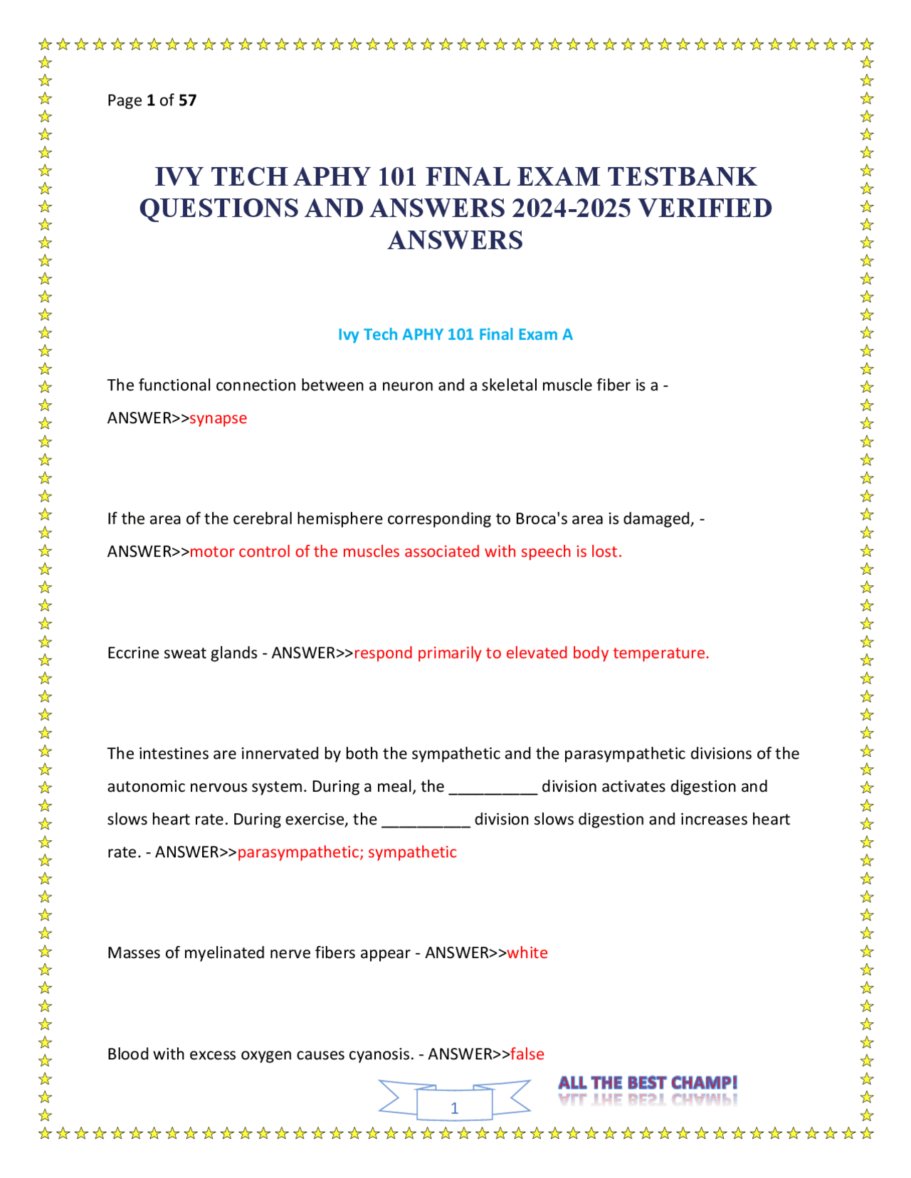 IVY TECH APHY 101 FINAL EXAM TESTBANK QUESTIONS AND ANSWERS 2024-2025 ...