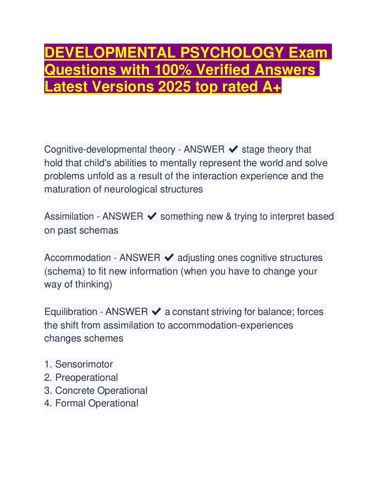 DEVELOPMENTAL PSYCHOLOGY Exam Questions with 100% Verified Answers ...