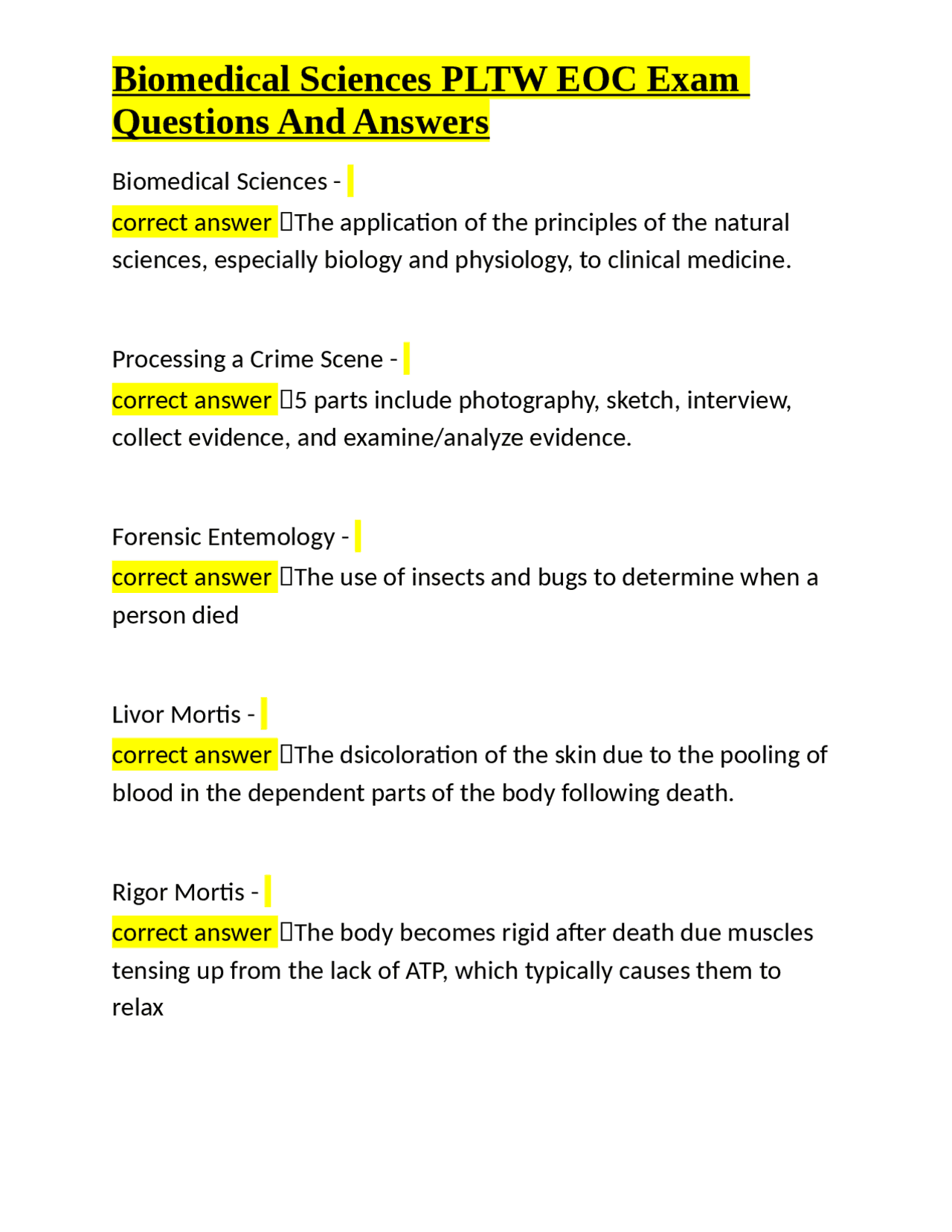 Principles Of Biomedical Science Pltw Answer Key
