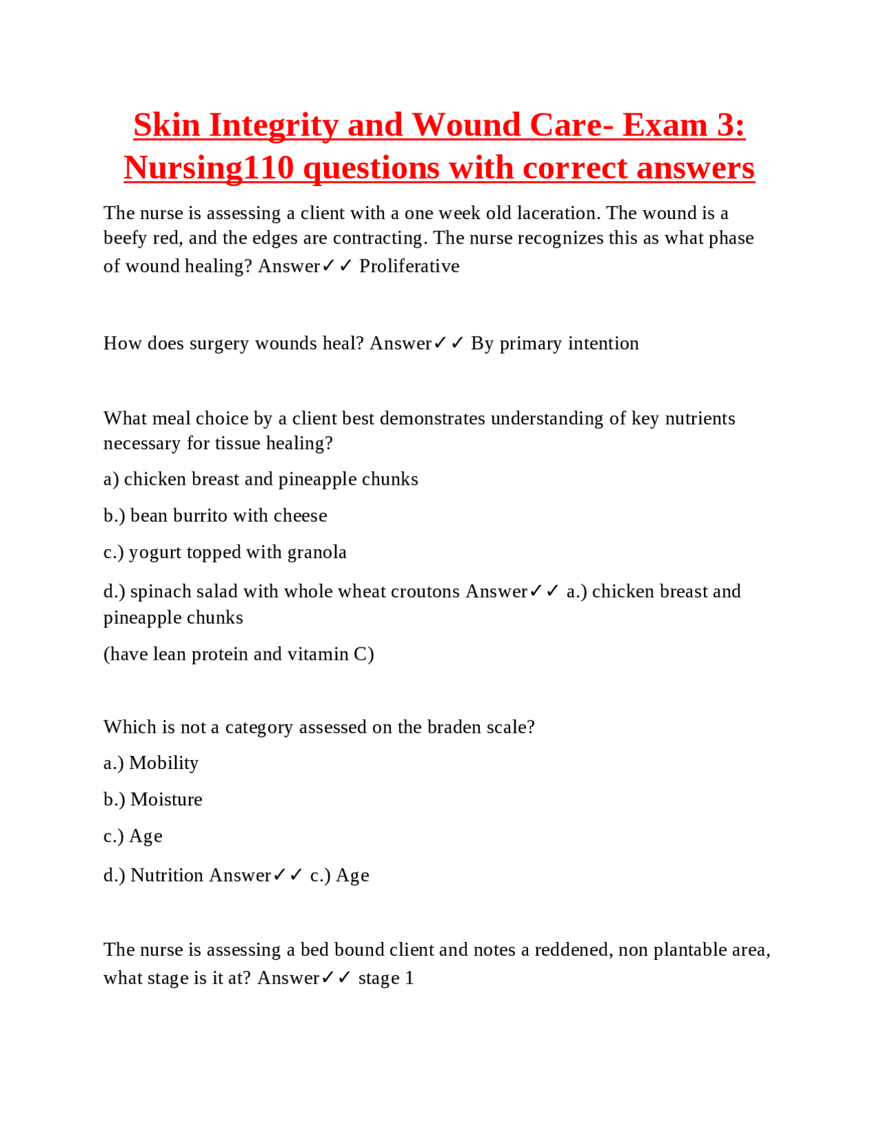 Skin Integrity and Wound Care Exam 3: Nursing110 Questions and Answers | Exams Nursing | Docsity