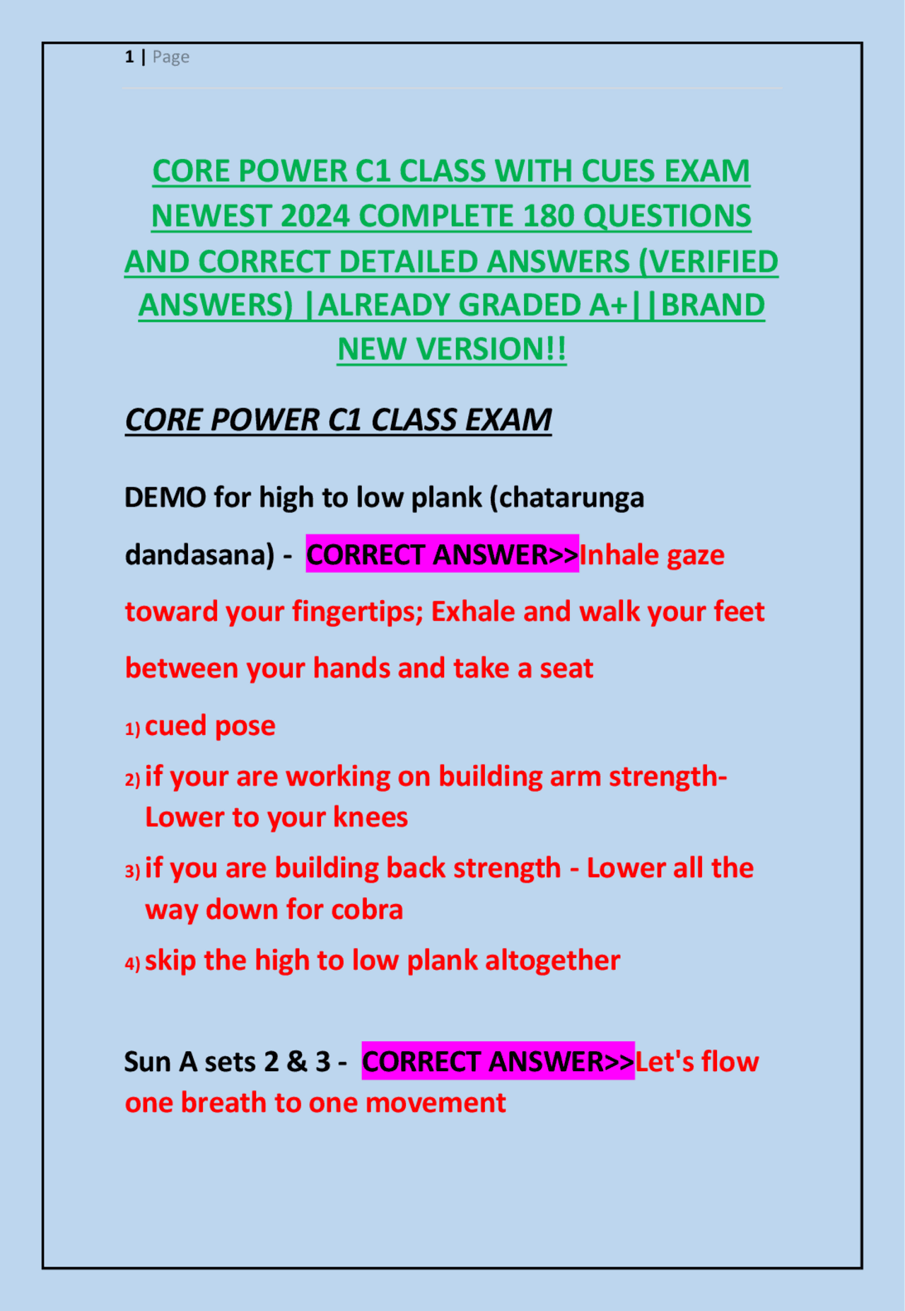 CORE POWER C1 CLASS WITH CUES EXAM NEWEST 2024 COMPLETE 180 QUESTIONS ...