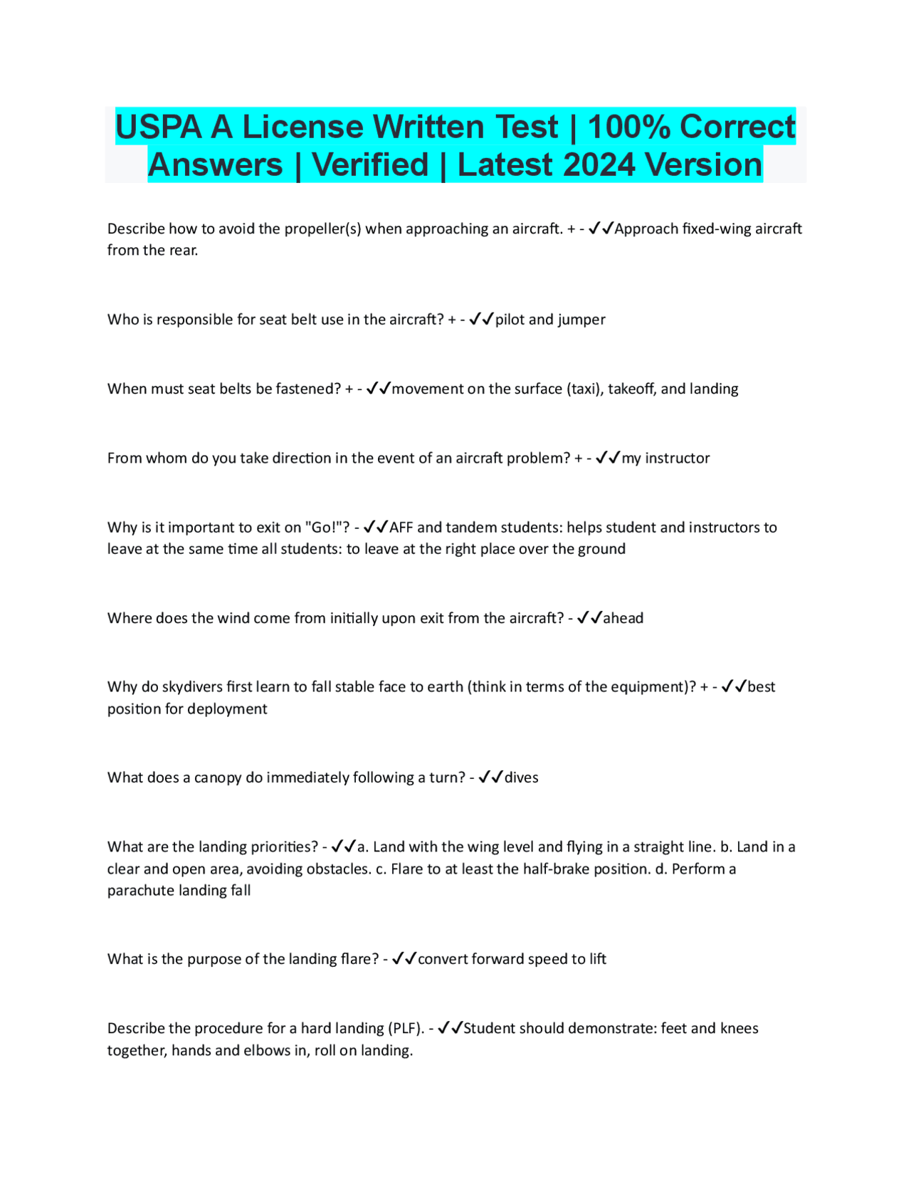 USPA A License Written Test | 100% Correct Answers | Verified | Latest ...