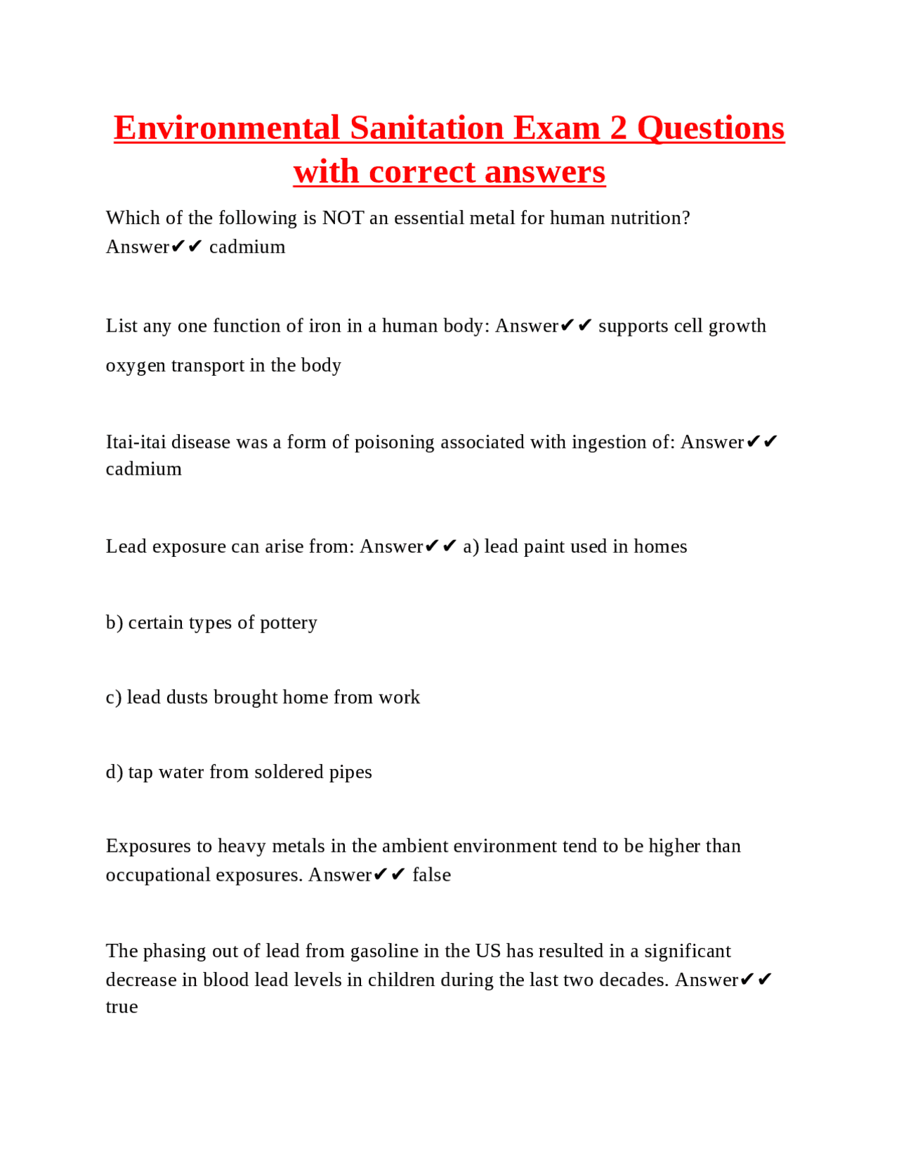 Environmental Sanitation Exam 2 Questions and Answers | Exams Nursing ...