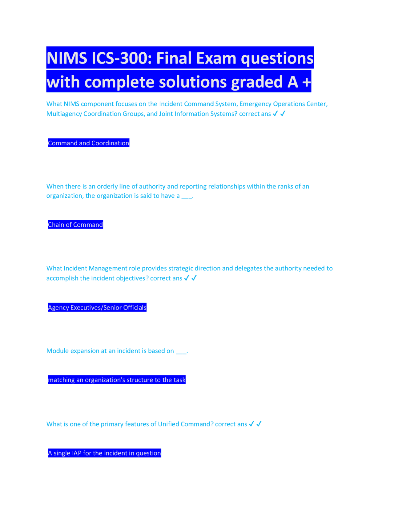 NIMS ICS-300: Final Exam questions with complete solutions graded A ...