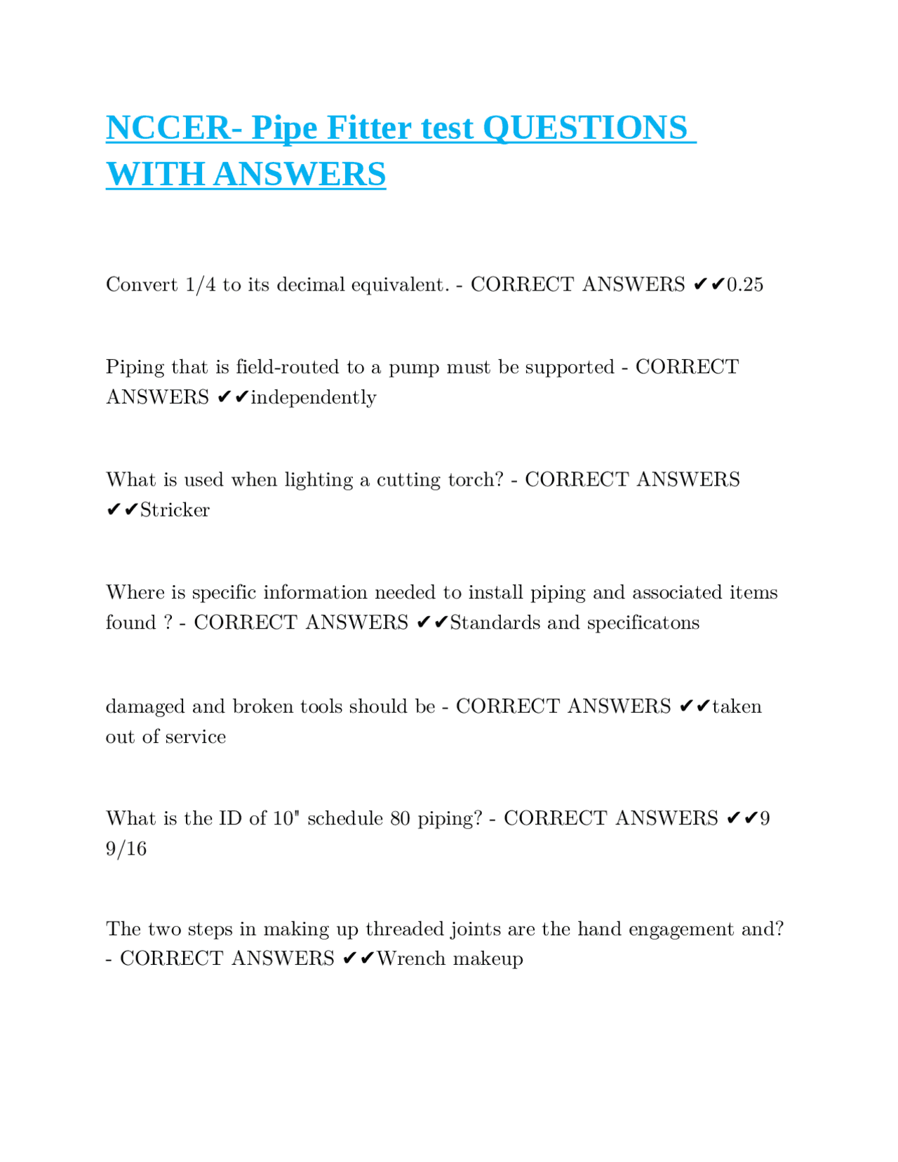 NCCER- Pipe Fitter test QUESTIONS WITH ANSWERS | Exams Construction ...