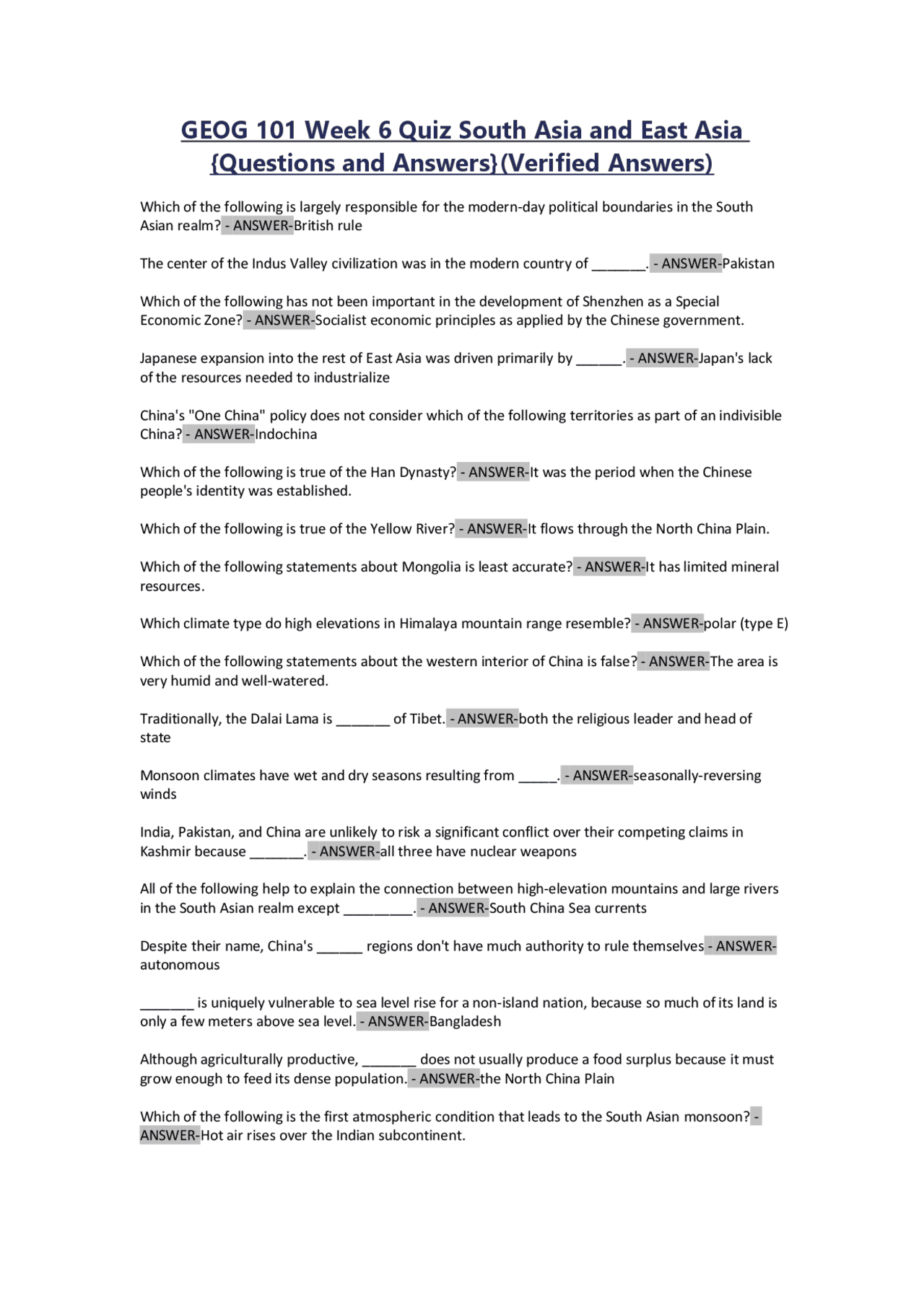 GEOG 101 Week 6 Quiz: South Asia and East Asia | Exams Political ...